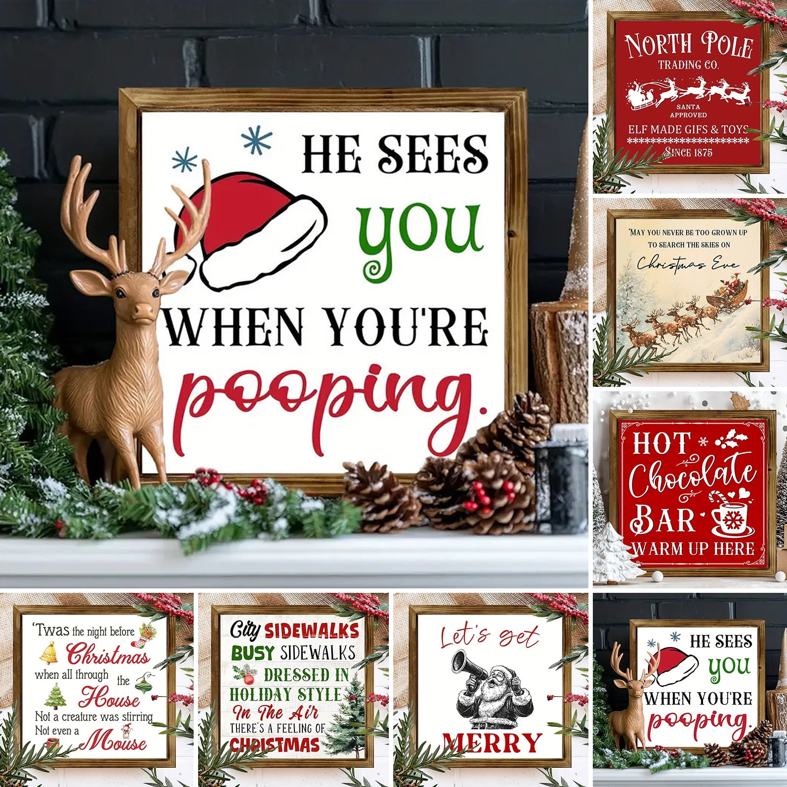 Walbest Christmas Wall Sign Wooden Santa Bathroom Sign Xmas Funny Photo ...