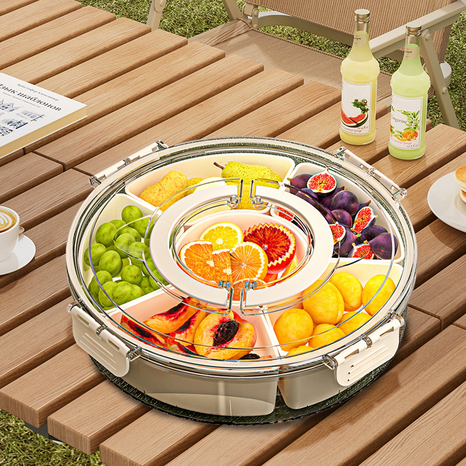 Walbest Fruit Plate Snack Spinner Divided Serving Tray with Lid Handle ...