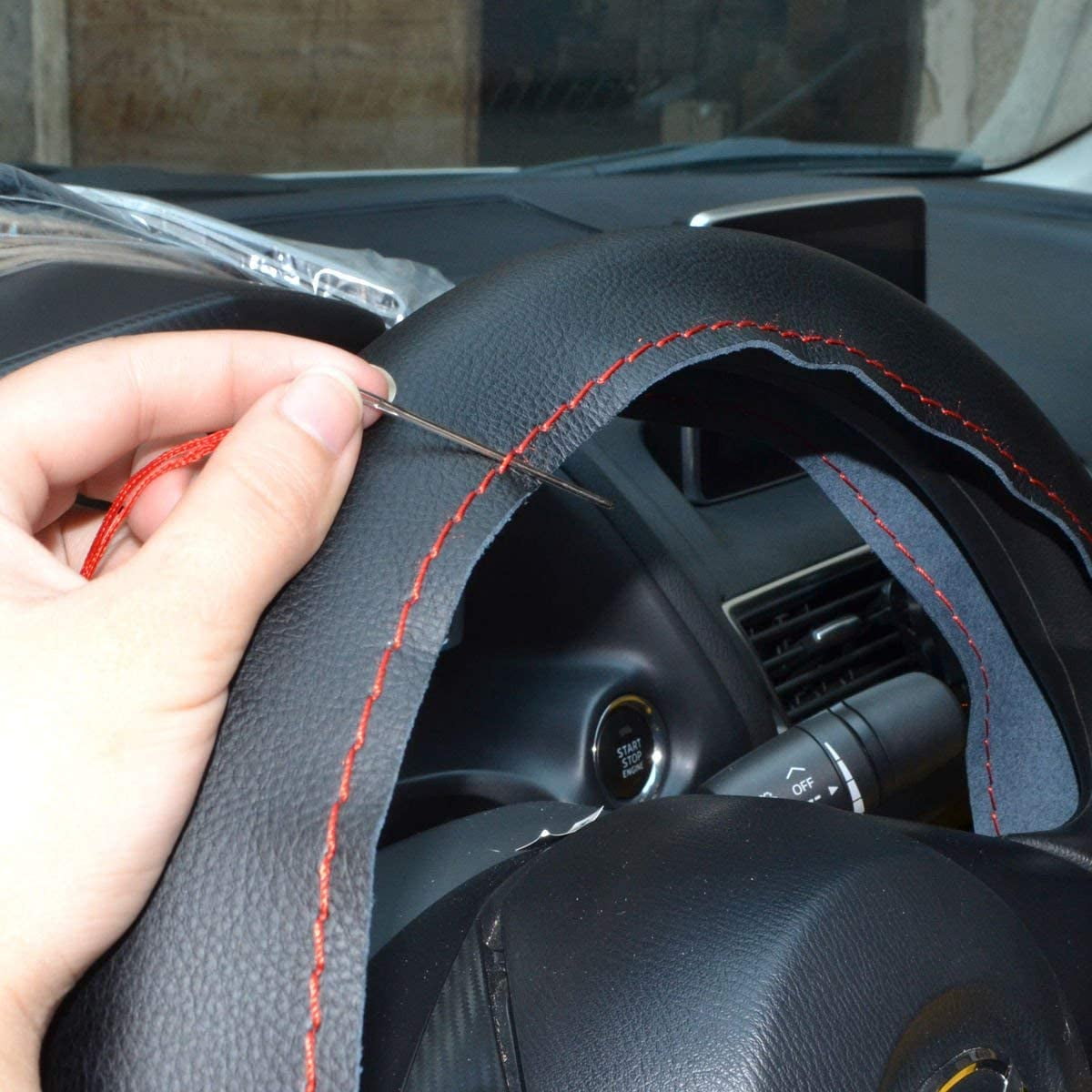 Walbest Genuine Leather DIY Car Steering Wheel Cover Stitch On Wrap Leather Car Steering Wheel Cover Lace Up Suitable Steering Wheel Diameter is