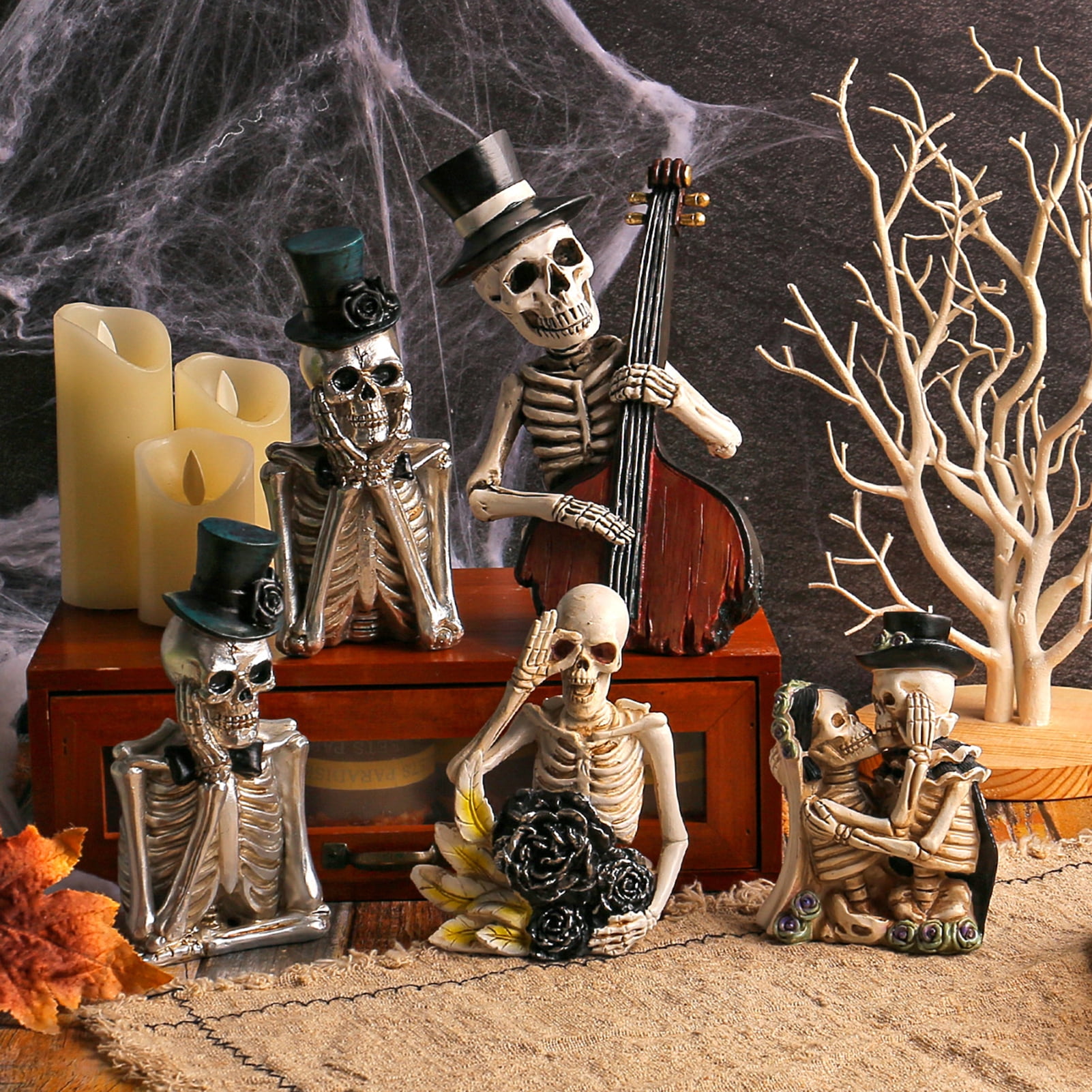 Walbest Halloween Skeleton Ornaments Posable Cartoon Skull Statue Mini ...