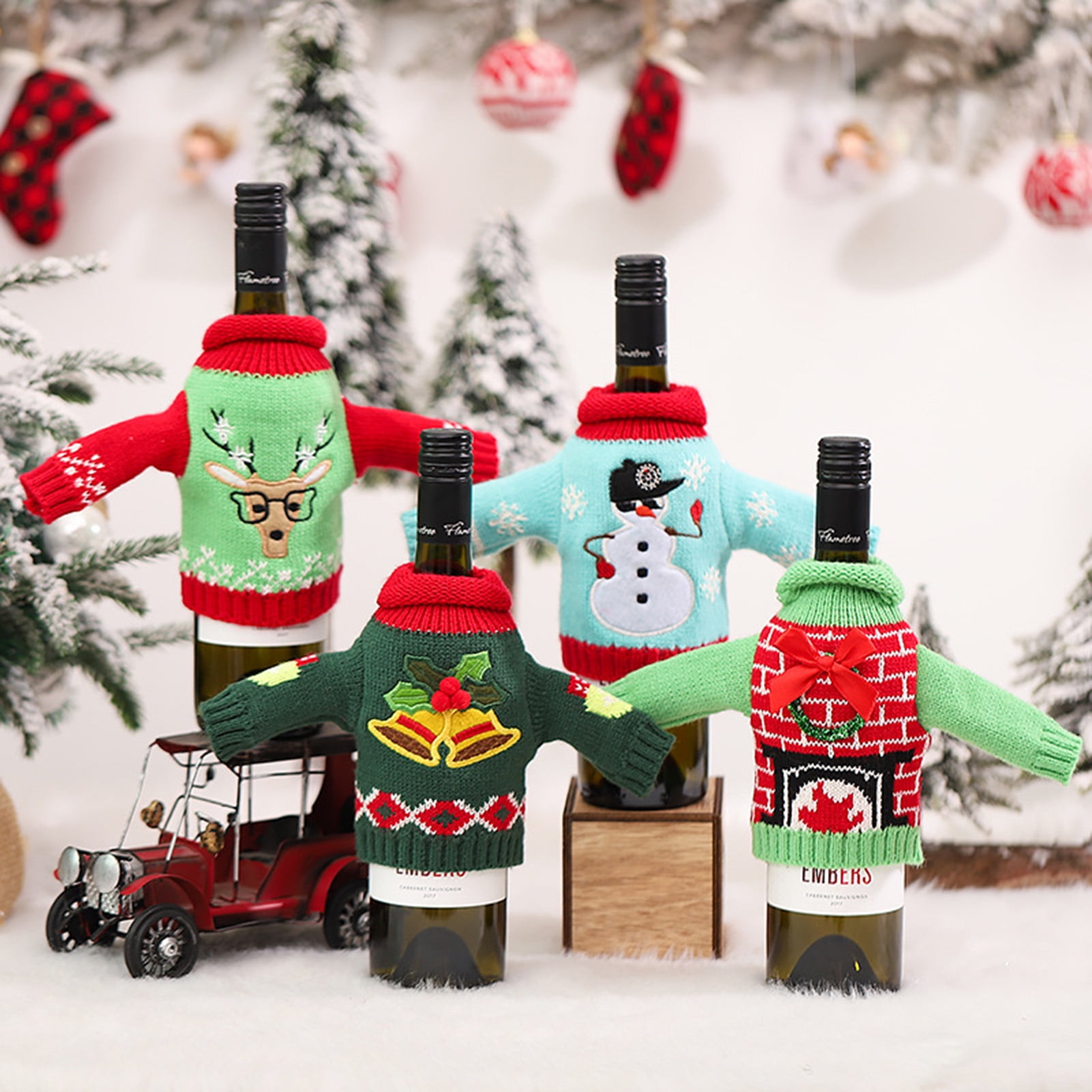 Walbest Knitted Sweater Wine Bottle Cover Christmas Pattern Décor, Knitted Fabric Cartoon ...