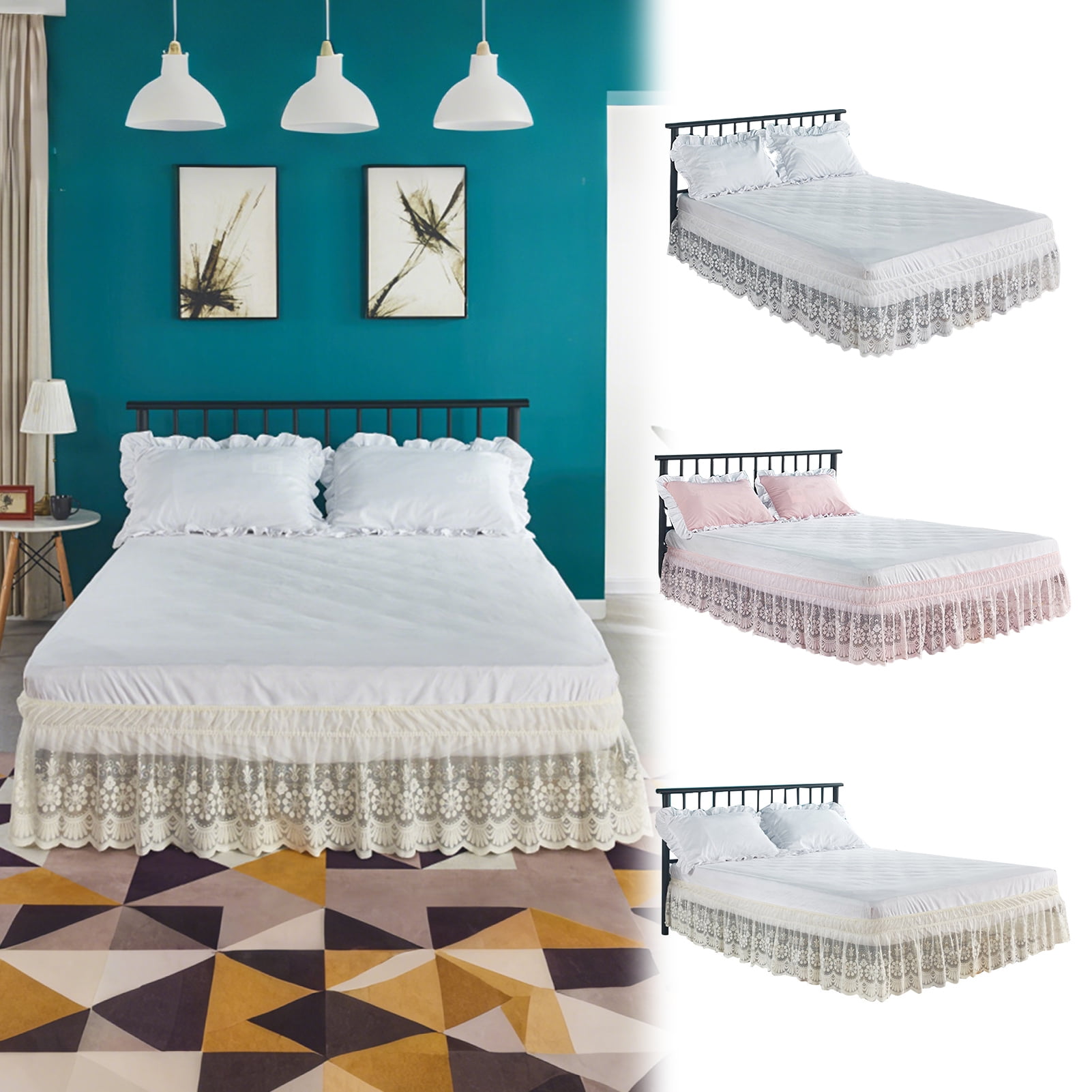 Walbest Lace Bed Skirt 15" Drop Elastic Dust Ruffle Bedskirt Wrap Around 3 Sides of Bed Machine ...