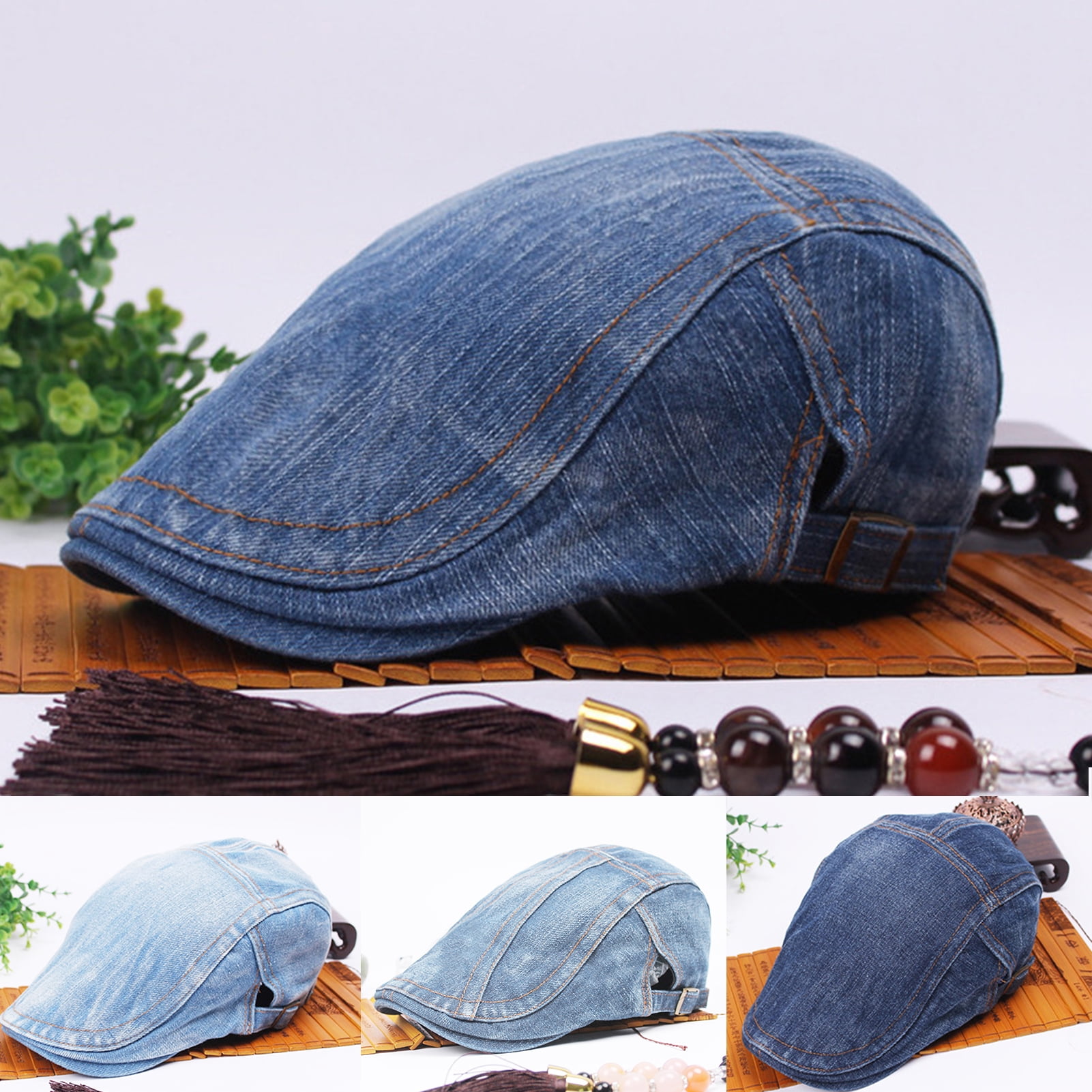 Walbest Men Retro Denim Newsboy Cap Advanced Flat British Western Style ...