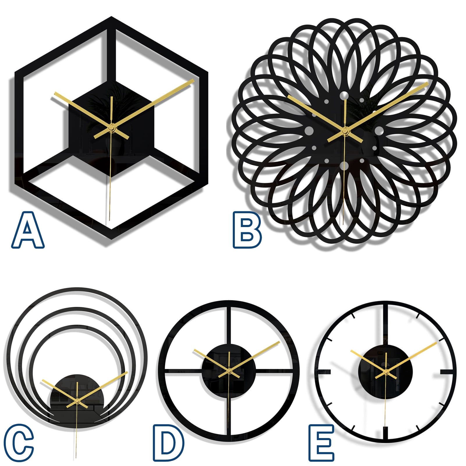 Walbest Modern Style 3D Solid Geometric Shape Acrylic Black Wall Clock ...