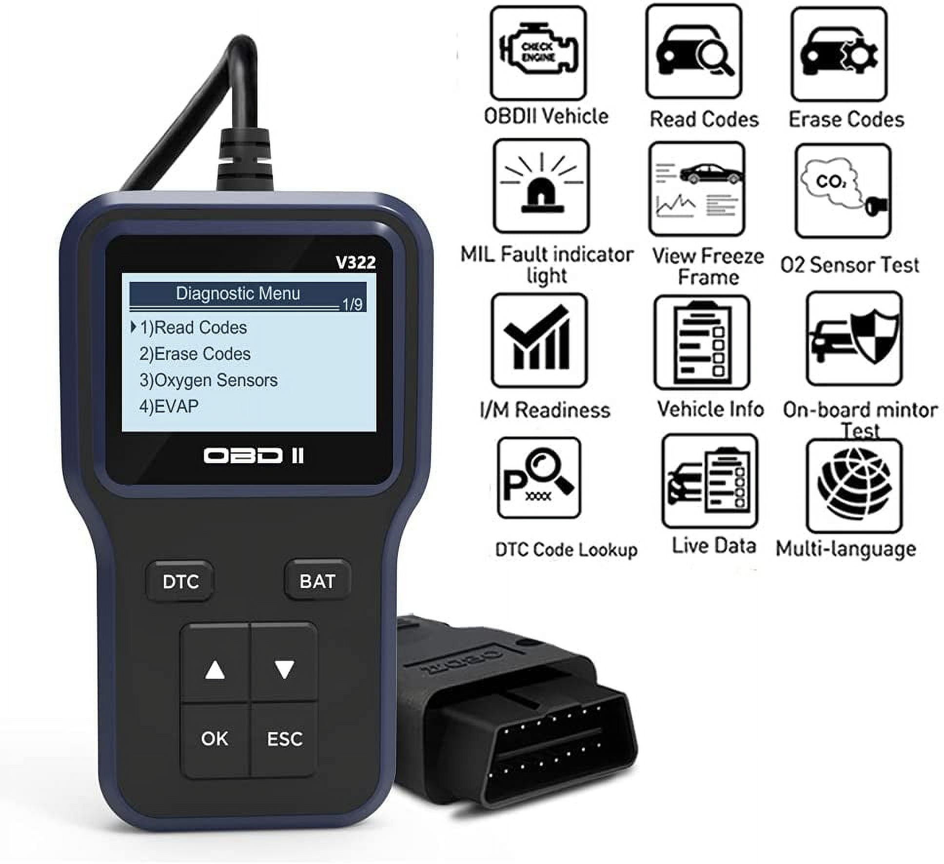 Walbest OBD2 Scanner Check Engine Light Erase Fault Code Scan Tool, I/M Readiness Read Freeze ...