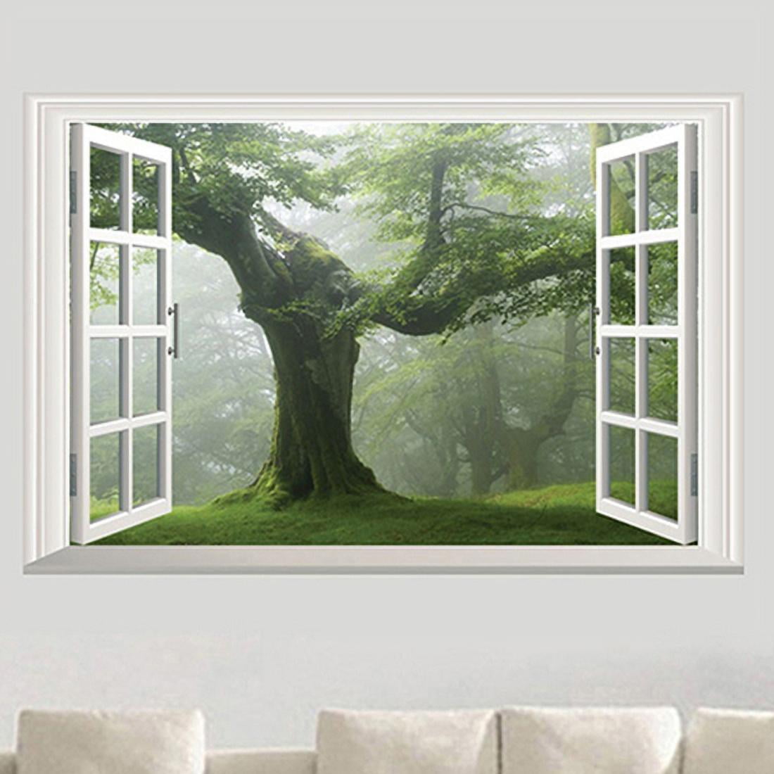 Walbest Old Forest Tree 3D Window View Green Living Room Wall Sticker ...