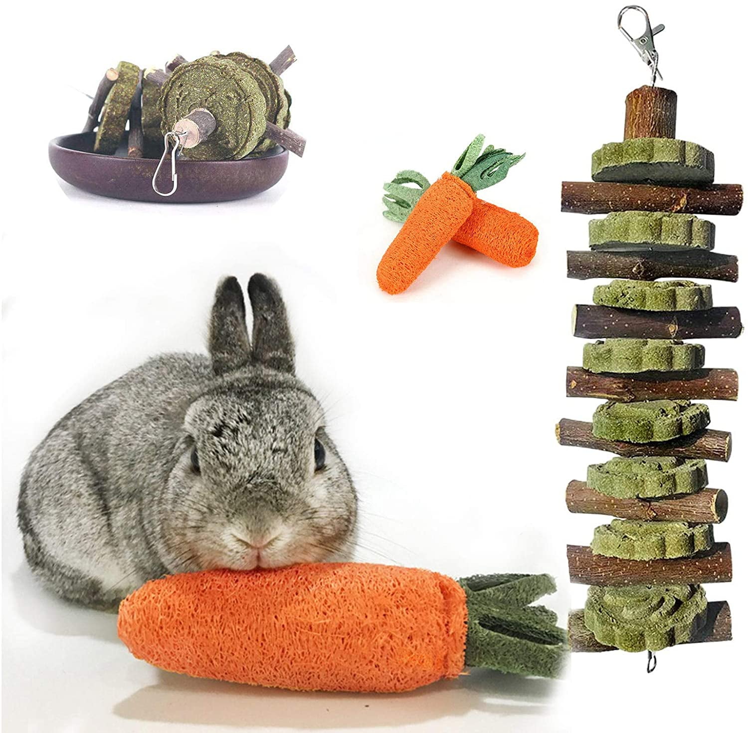 Walbest Rabbit Chew Toys for Teeth Grinding, No Glue, Loofa Carrot Toys ...