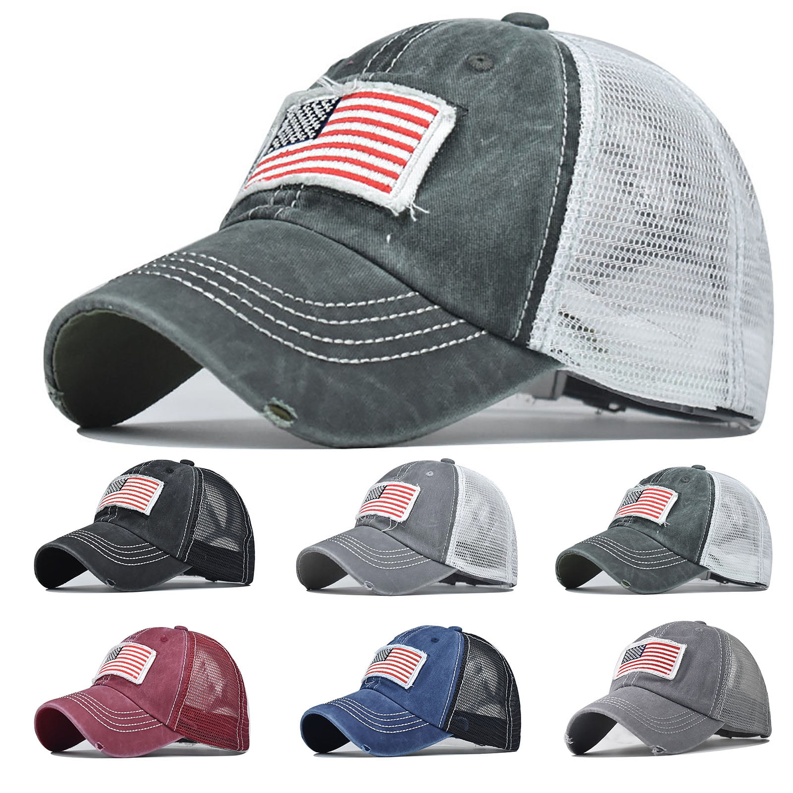 Walbest Ripped Ponytail Baseball Cap with Embroidered American Flag ...
