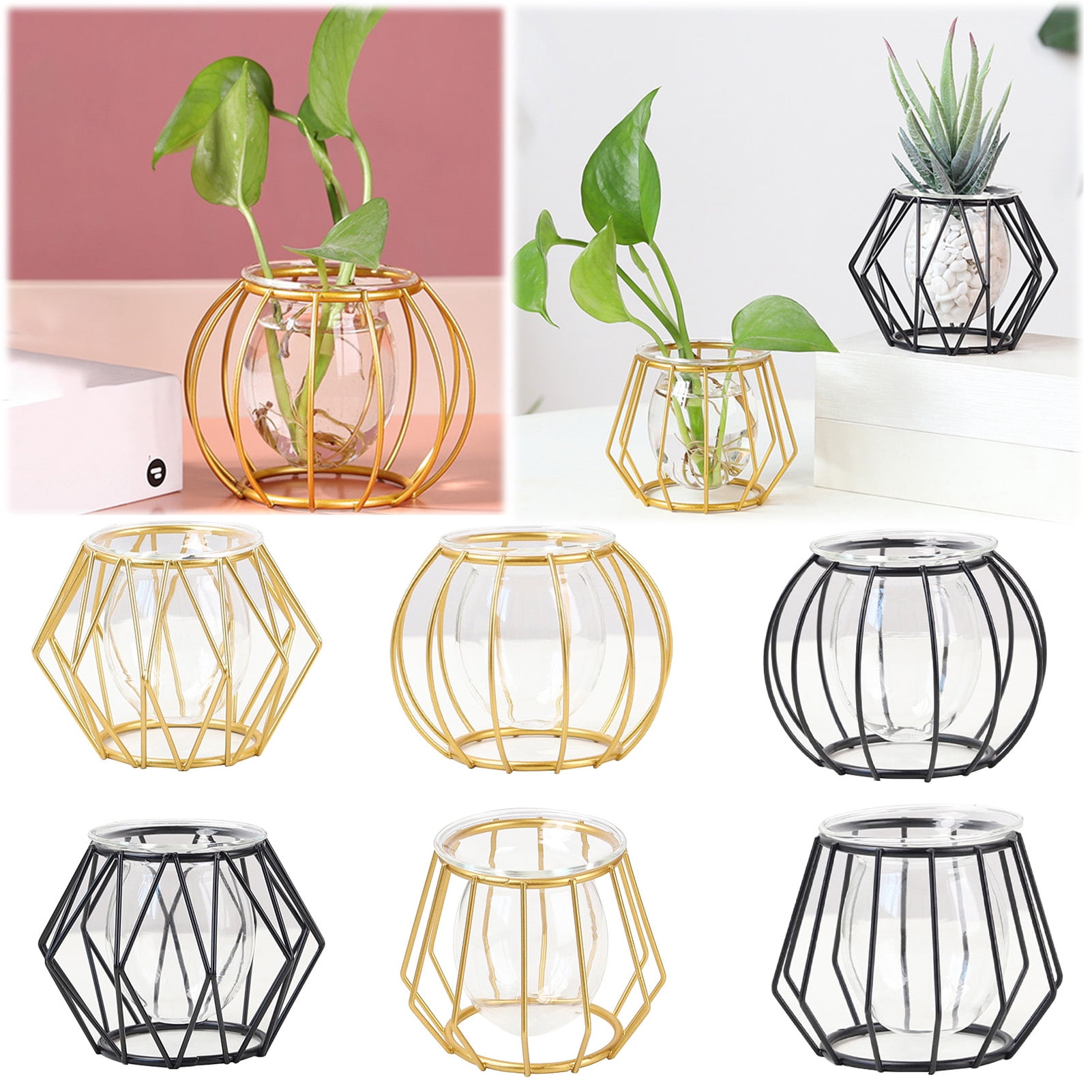 Walbest Simple Glass Flower Vase with Modern Geometry Metal Stand, Mini ...