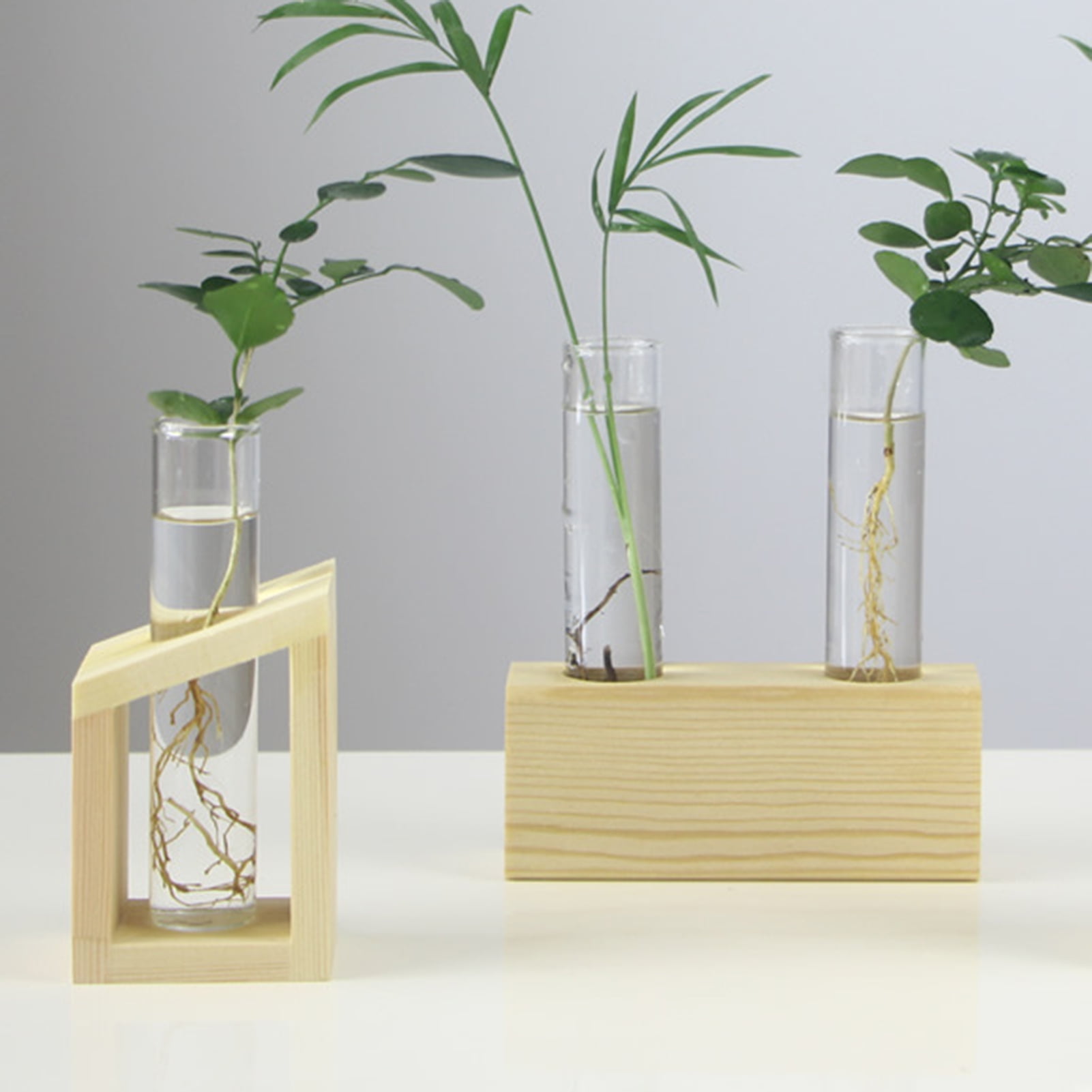 Walbest Simple Nordic Hydroponic Tube Glass Vase & Wooden Stand Set ...