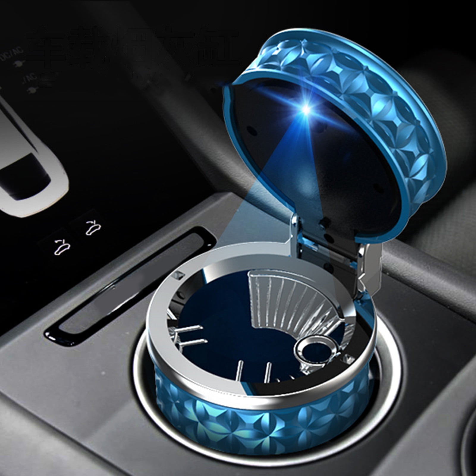 Walbest Stainless Steel Car Ashtray with Lid, Blue LED Light Mini Trash ...