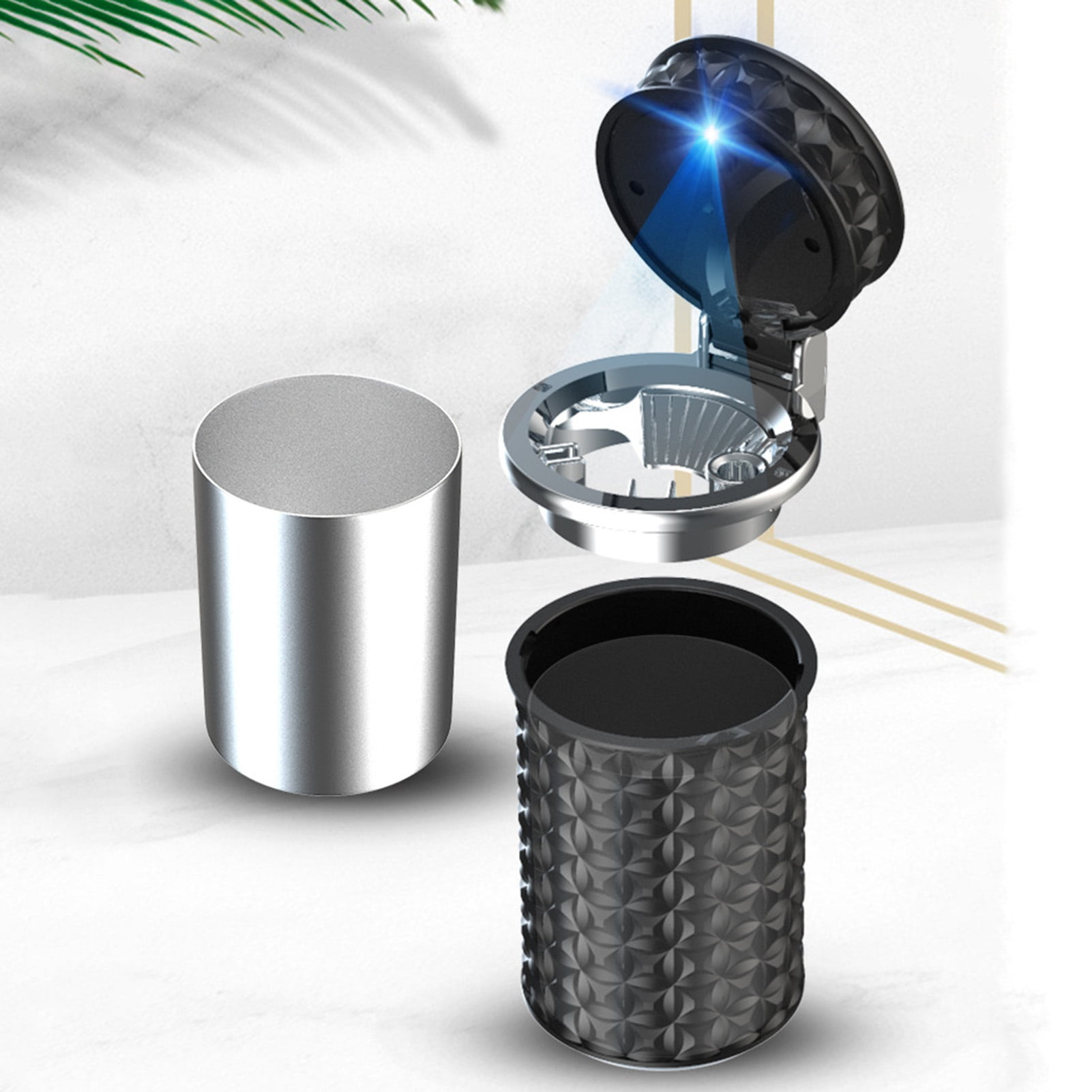Walbest Stainless Steel Car Ashtray with Lid, Blue LED Light Mini Trash ...