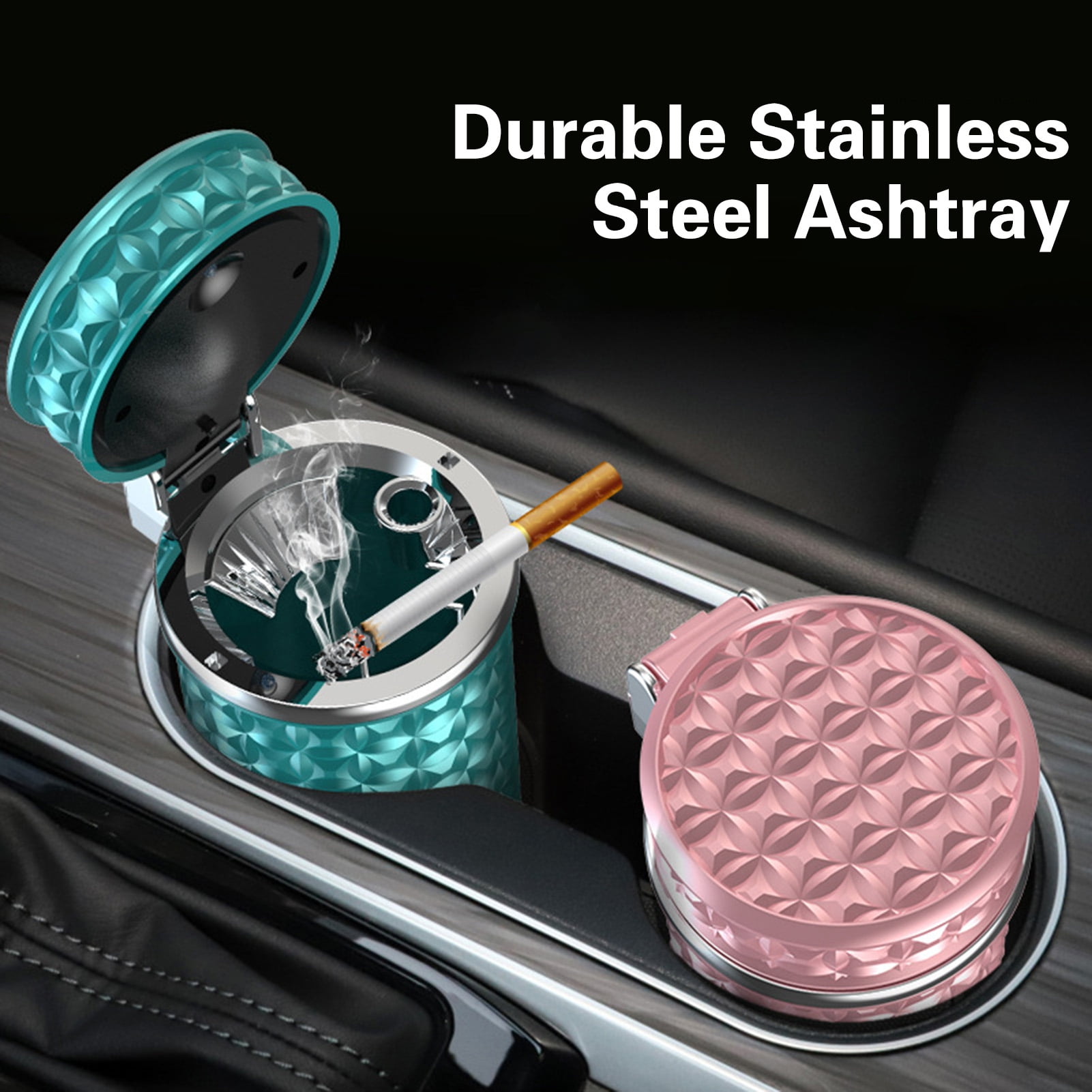 Walbest Stainless Steel Car Ashtray with Lid, Blue LED Light Mini Trash ...