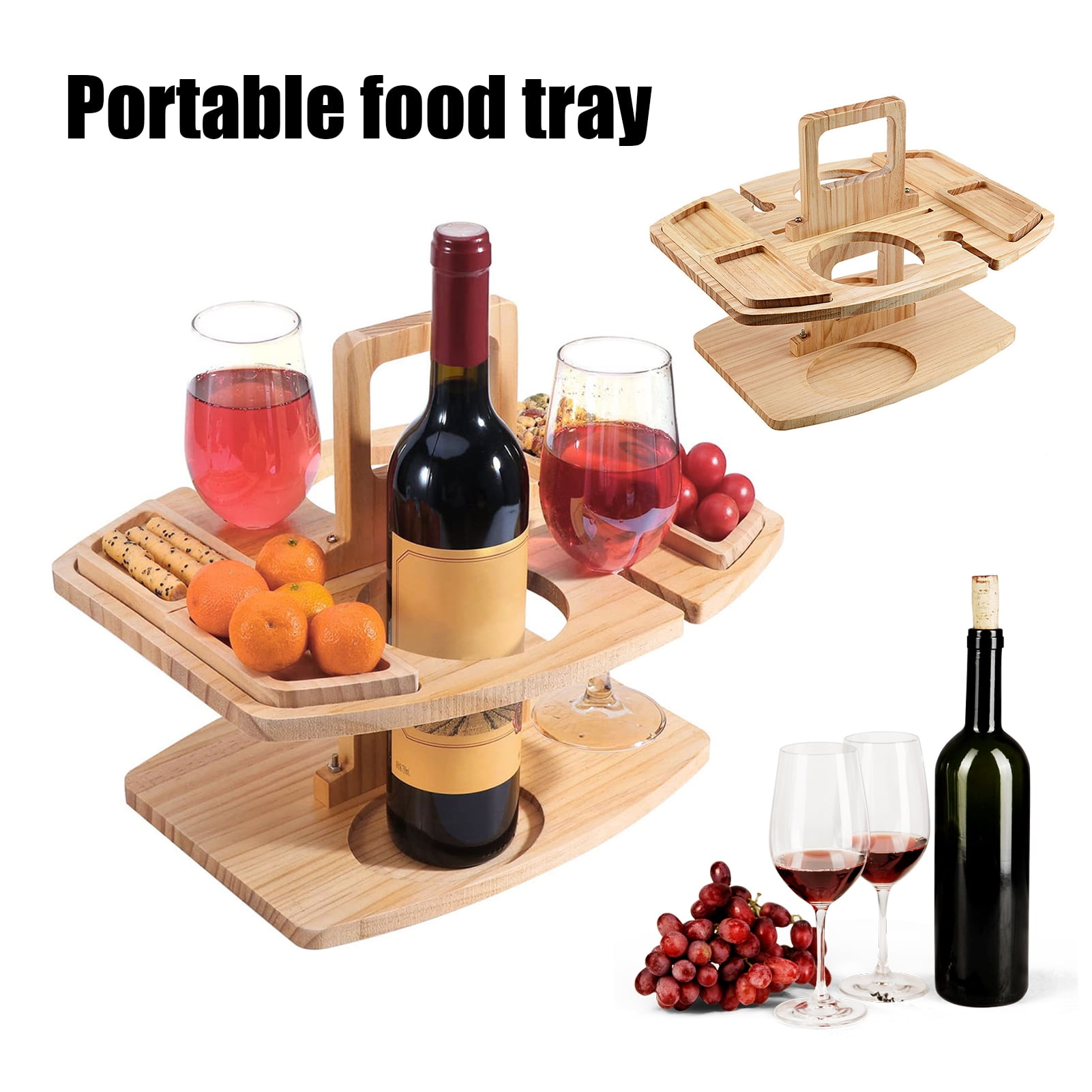 Walbest Wooden Picnic Table Portable Food Tray with Wine Glass Holder ...