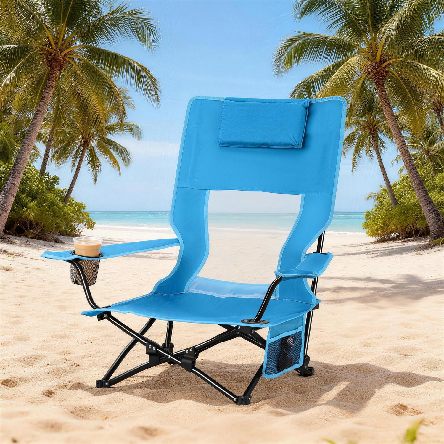Walchoice Low Beach Chair, High Back Chair with Comfortable Pillow for ...