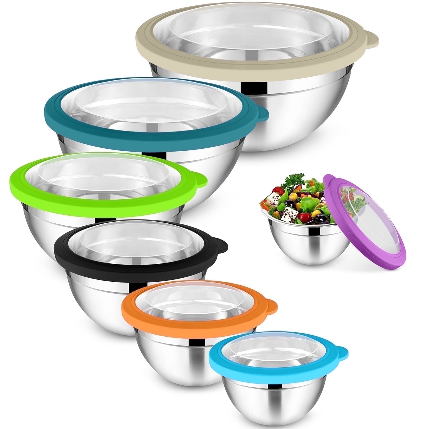 Walchoice Stainless Steel Mixing Bowls Set of 7 with Airtight Lids, Various Sizes for Cooking ...