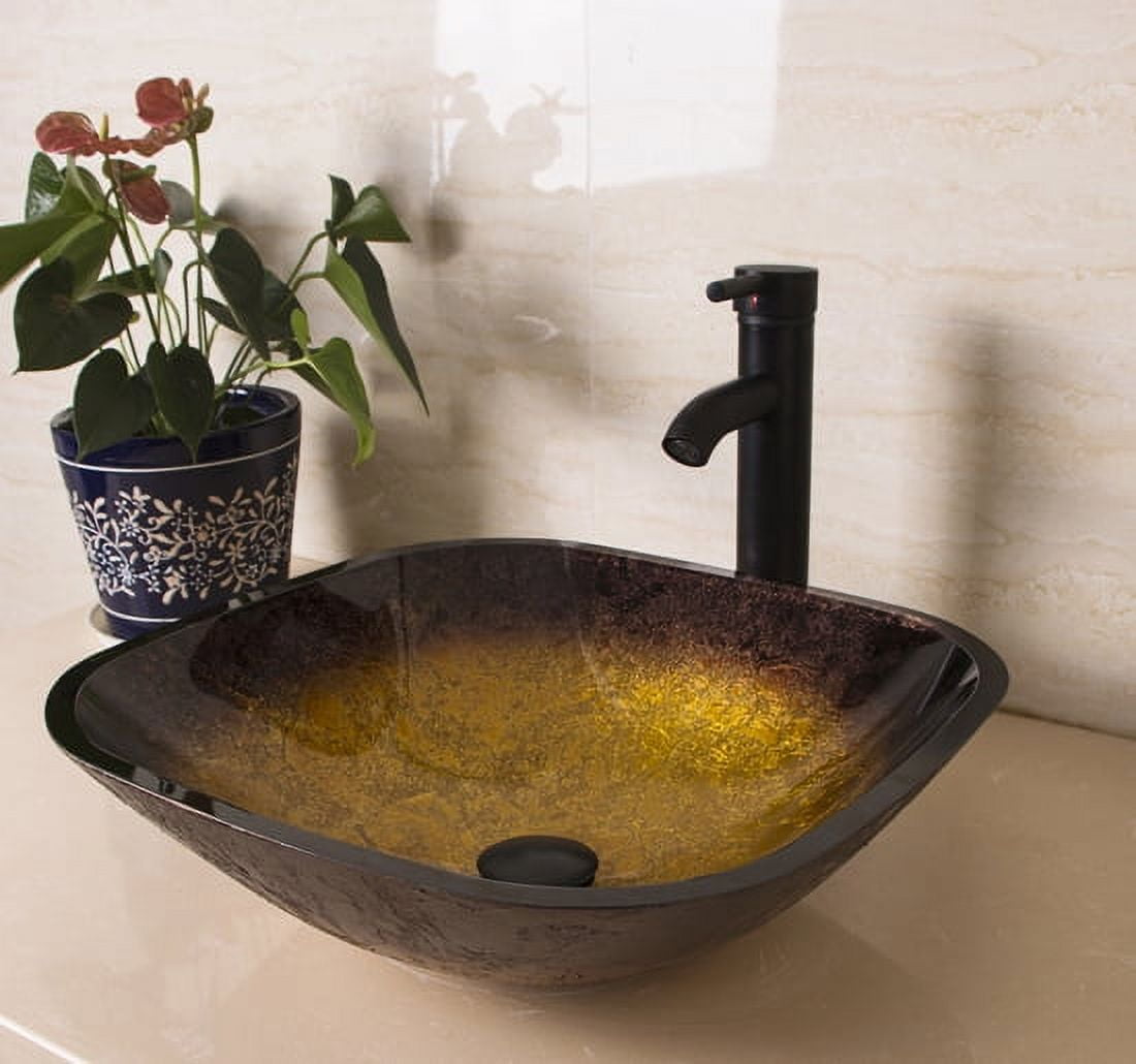 Walcut Square Bathroom Tempered Glass Bowl Vessel Sink w/ Pop-up Drain ...