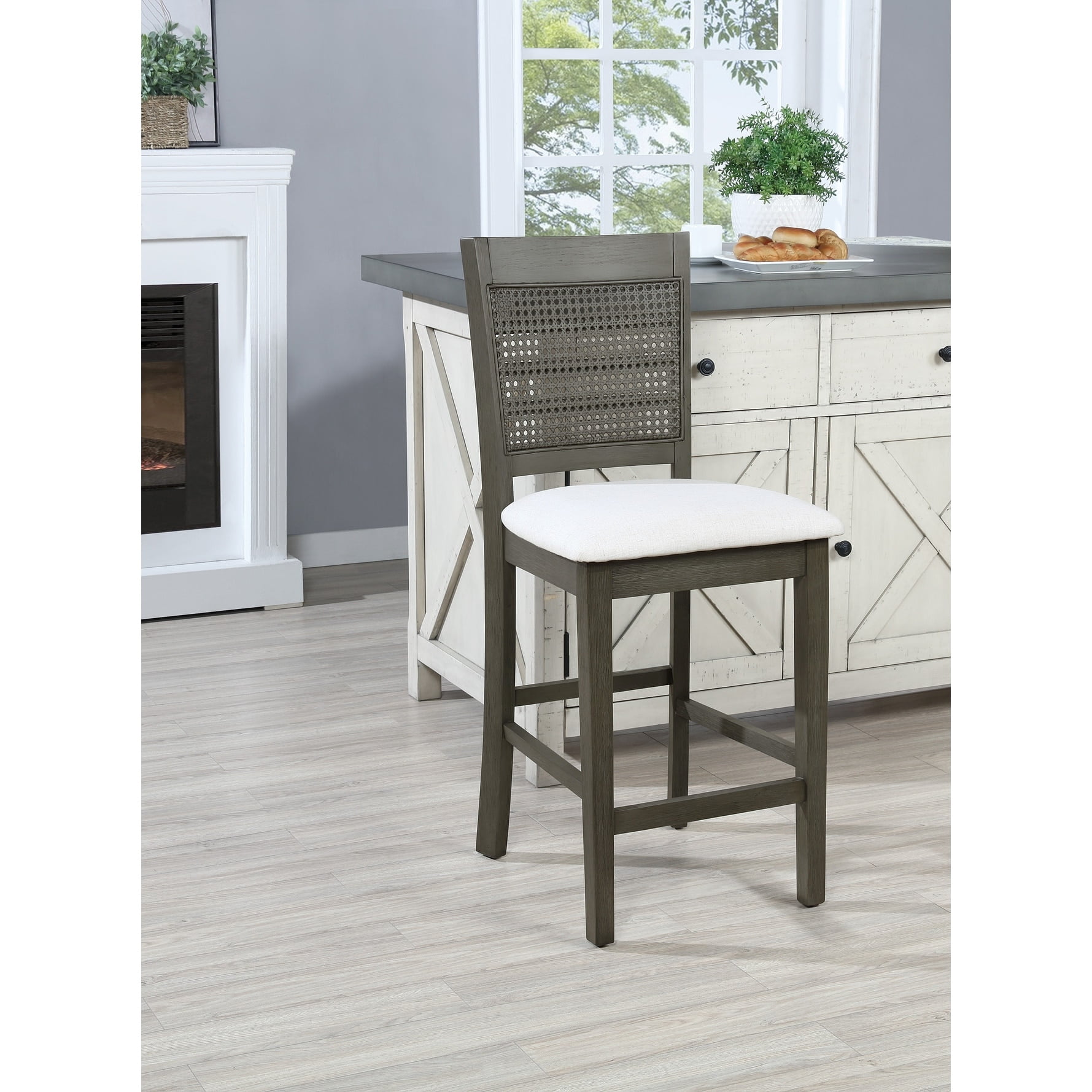 Walden 24" Cane Back Counter Stool with Gray Base and Linen White ...