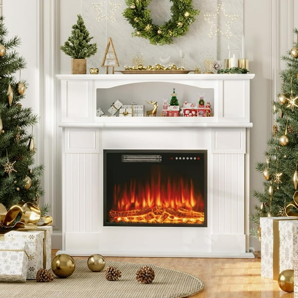 Waleaf 43” Electric Fireplace Mantel Wooden Surround Firebox,TV Stand ...