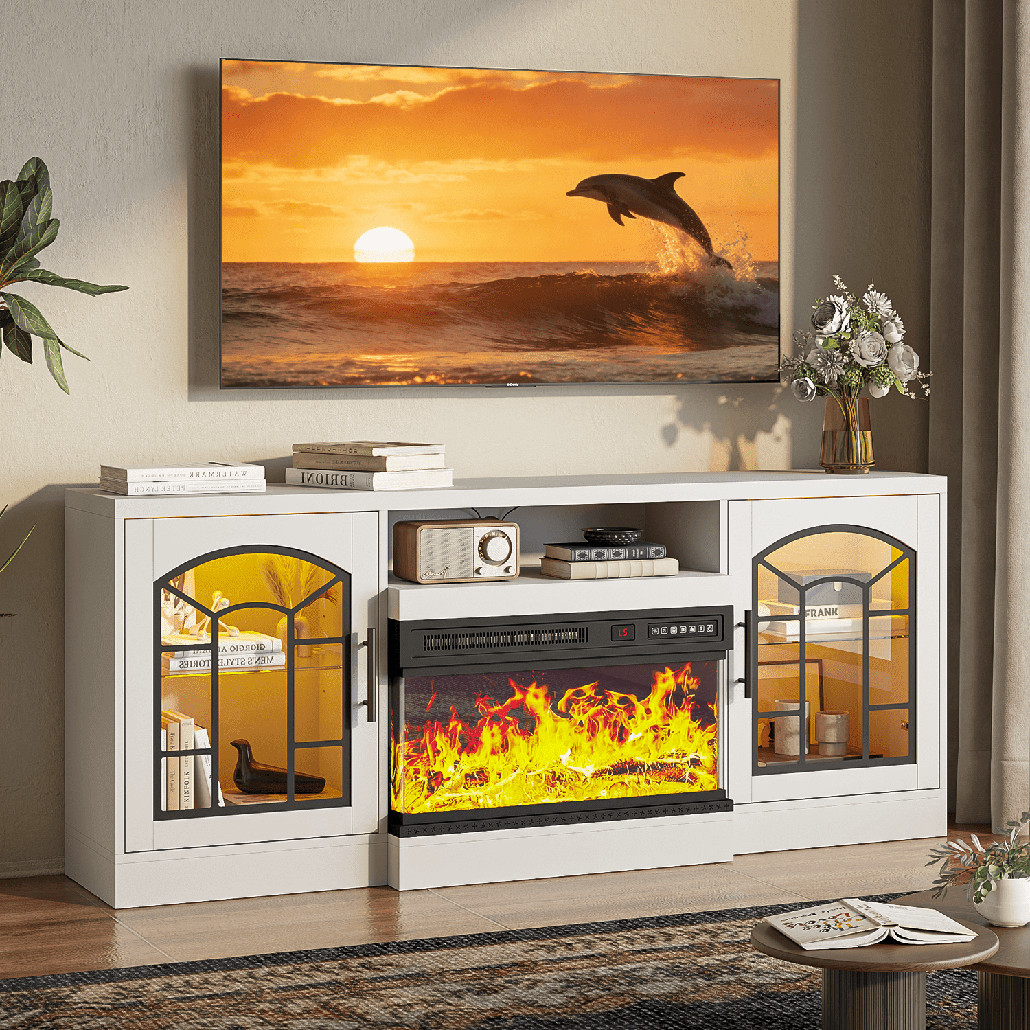 Waleaf 60" TV Stand with 3-Sided Glass Electric Fireplace, Modern Media ...