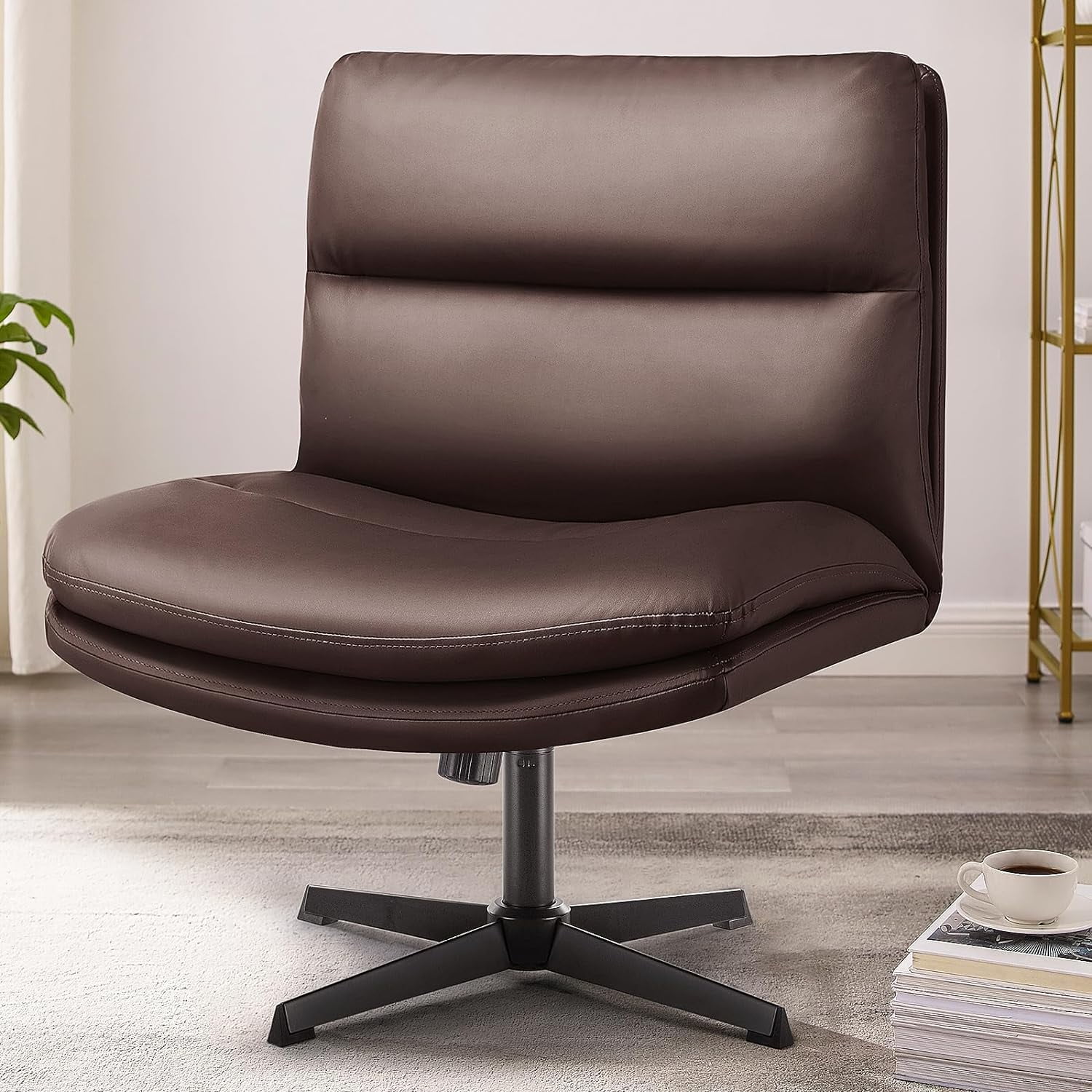 Waleaf Armless Office Desk Chair No Wheels,PU Padded Modern Swivel ...