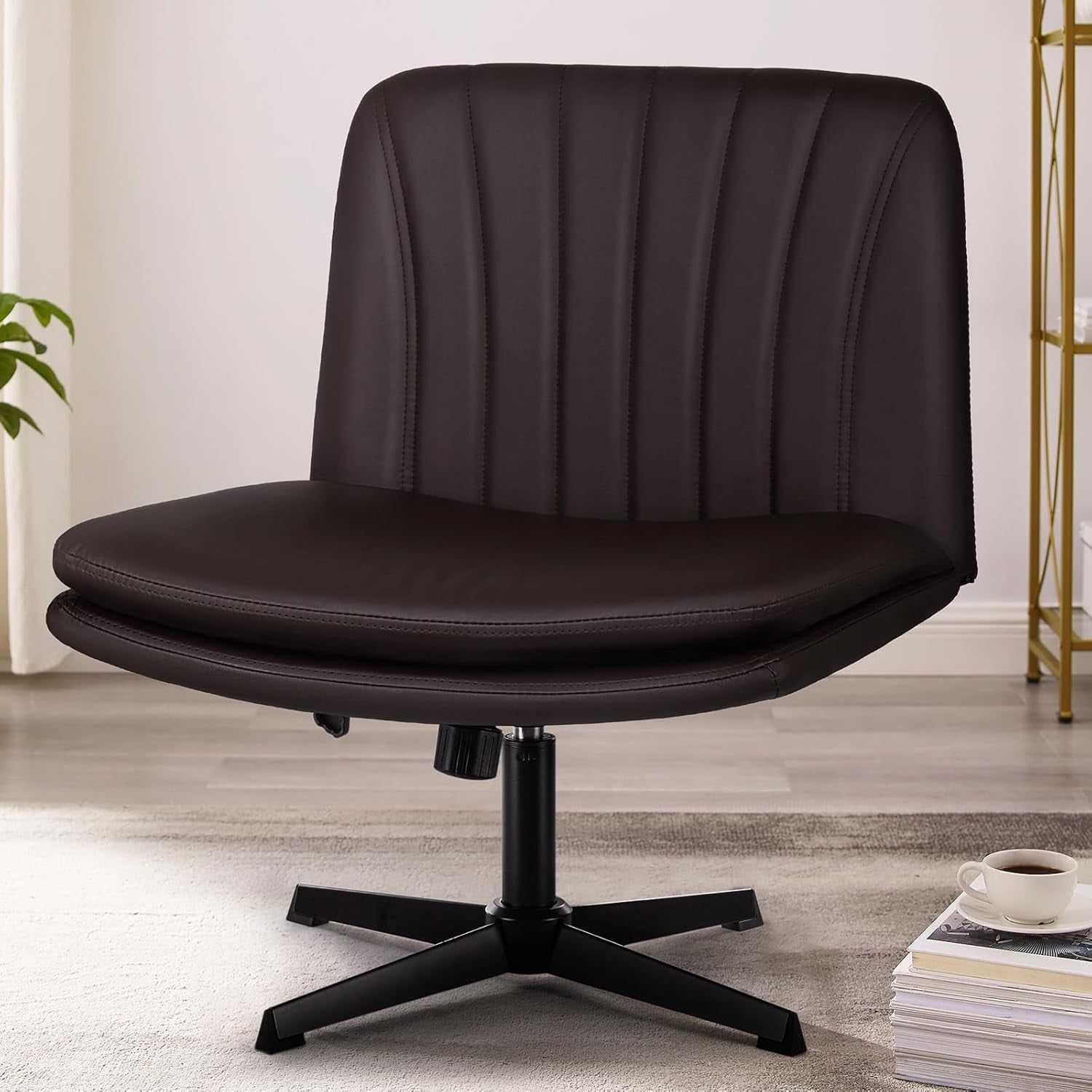 Waleaf Armless Office Desk Chair No Wheels,PU Padded Modern Swivel ...