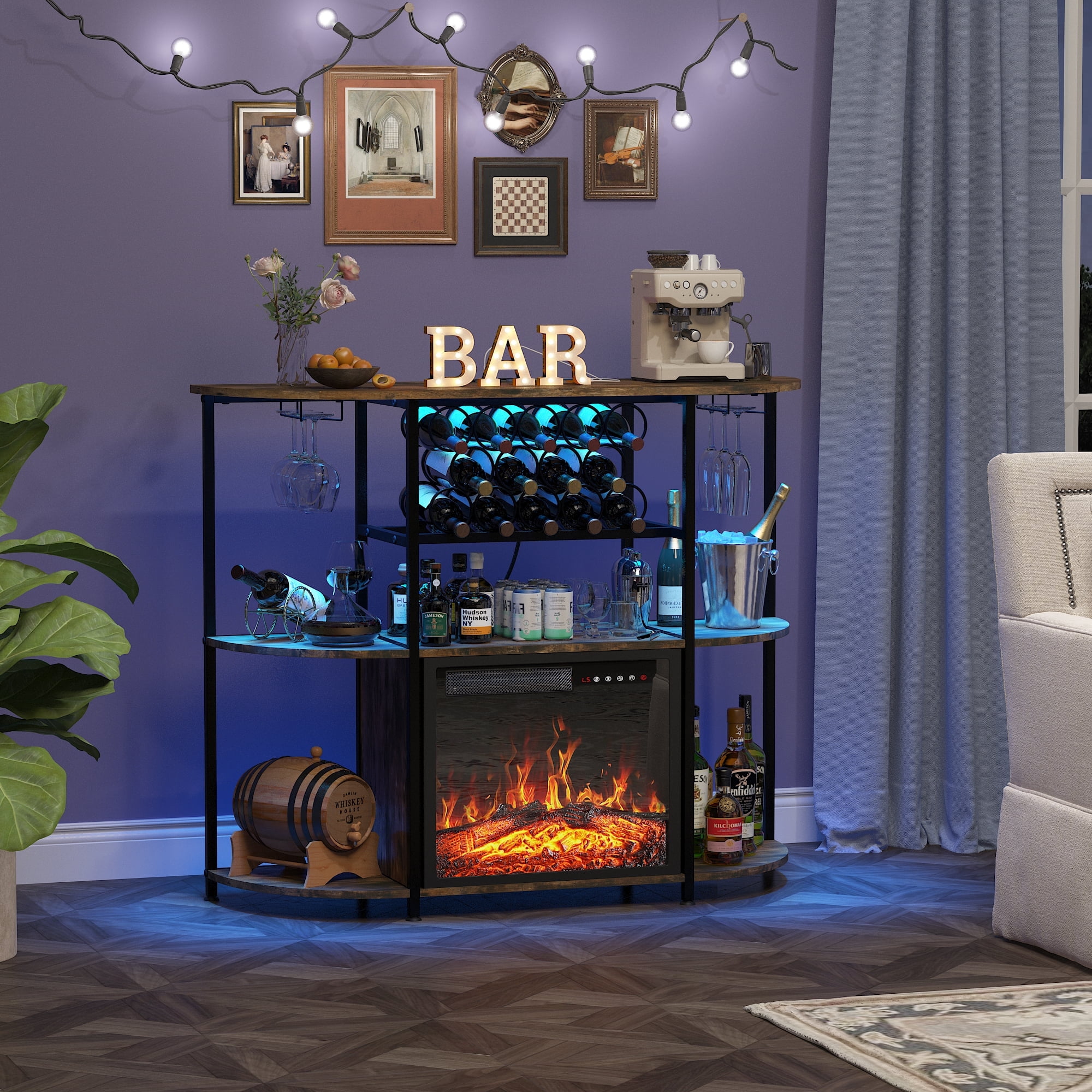 Waleaf Bar Cabinet with Electric Fireplace and Power Outlet,LED Liquor ...