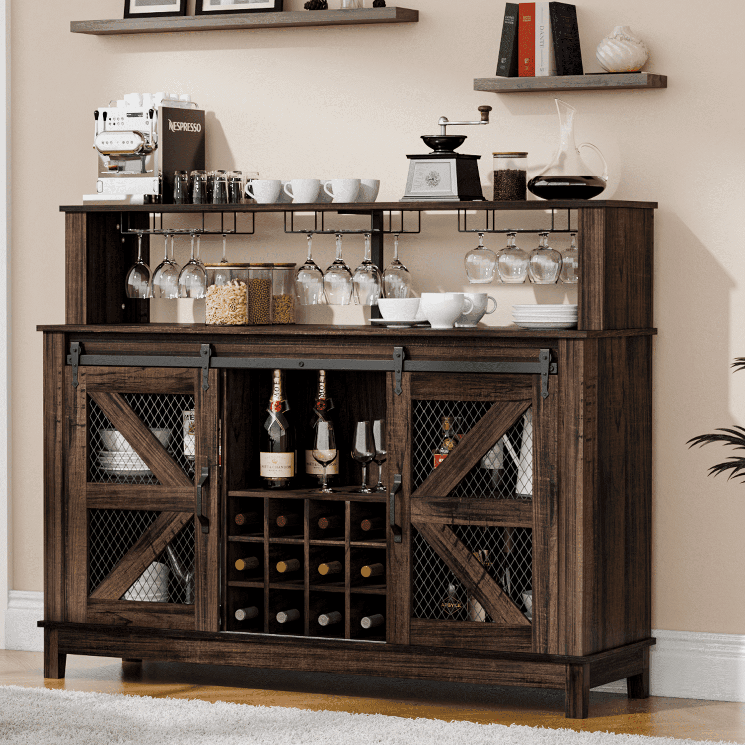 Waleaf Farmhouse Coffee Bar Cabinet with LED Lights, 55" Wine Bar ...