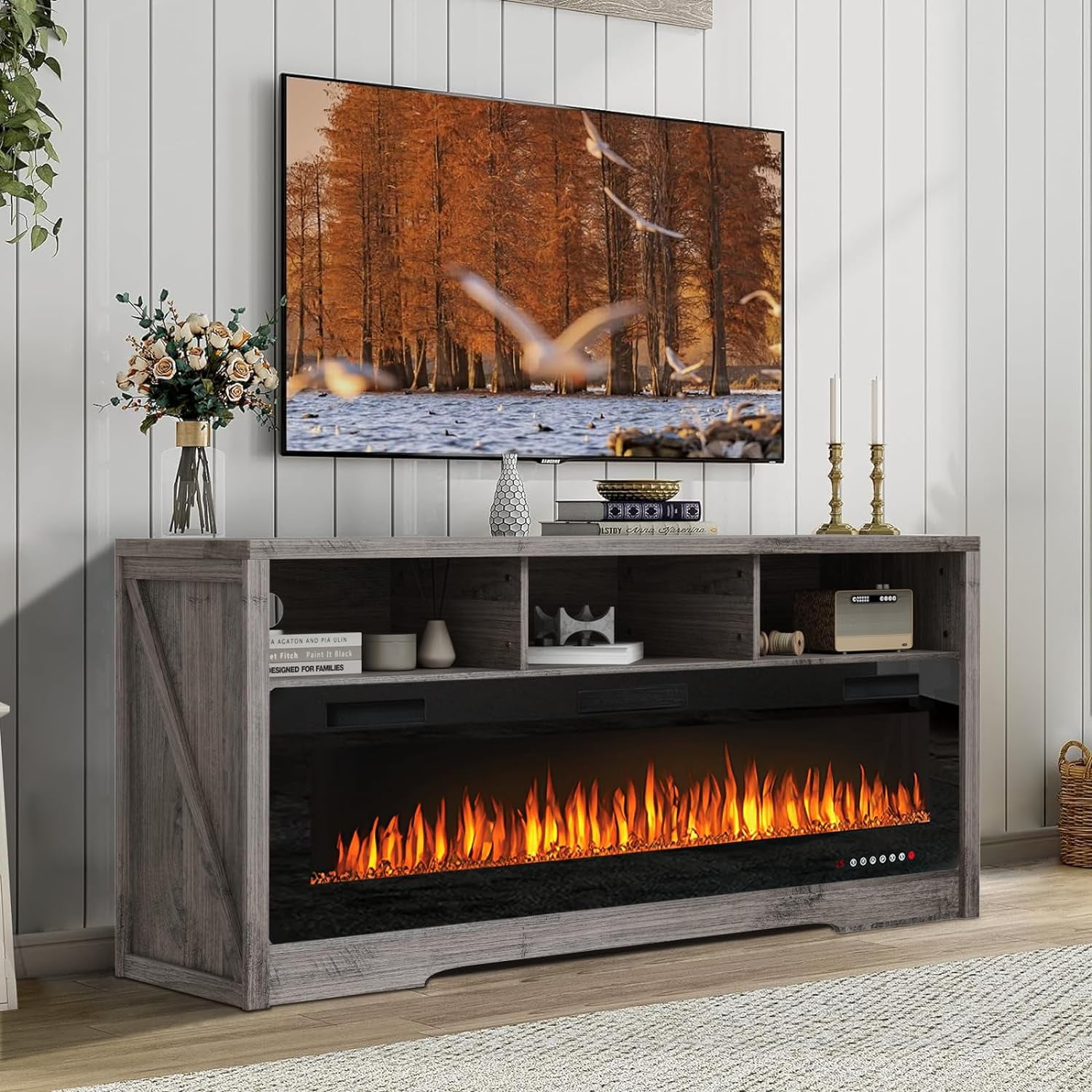 "Waleaf 75"" TV Stand with 60"" Electric Fireplace, Entertainment ...