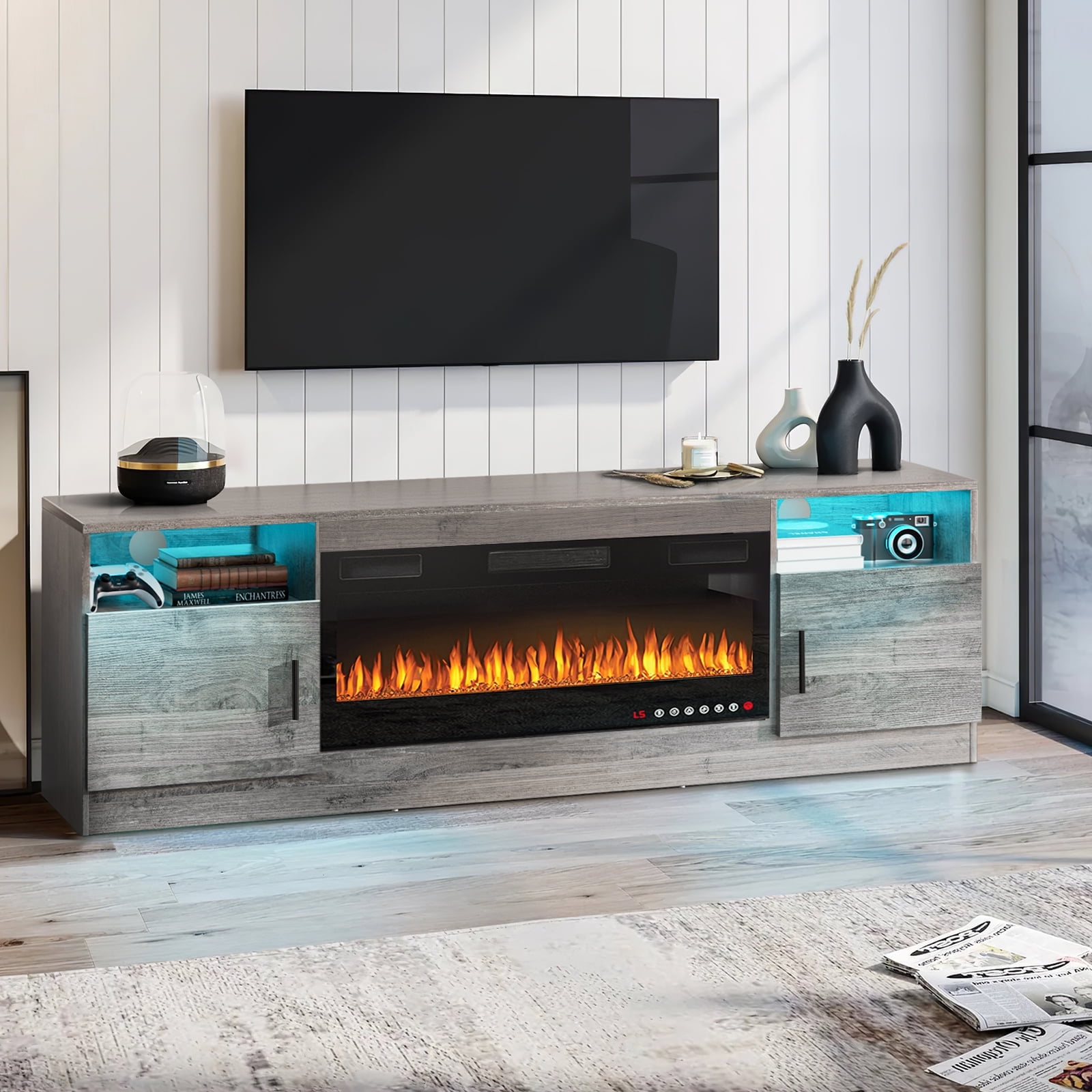 Waleaf Fireplace tv Stand with 36 inch Fireplace Up to 80 TVs LED Light Entertainment Center and Storage