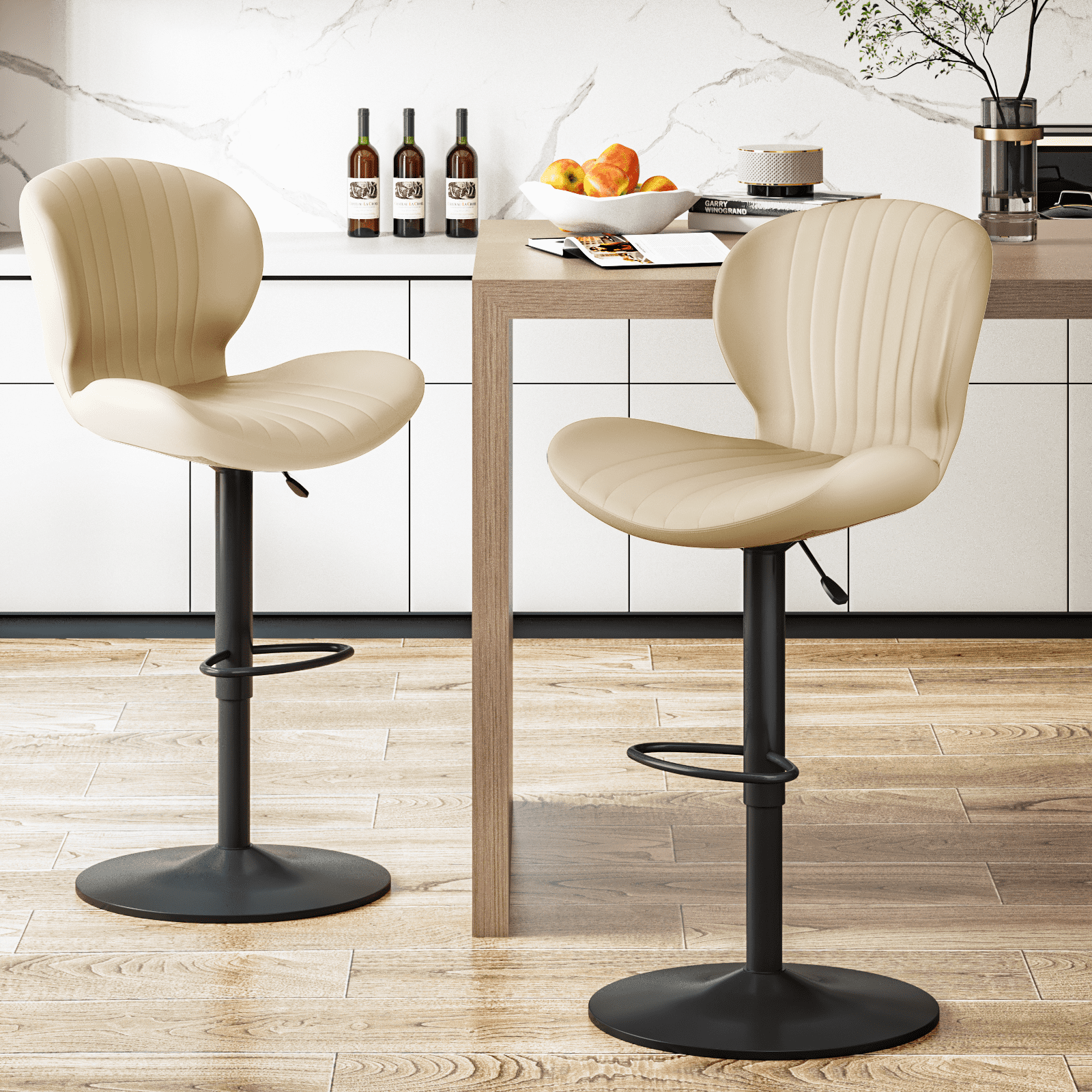 Waleaf Modern Adjustable Bar Stools Set of 2, Faux Leather Upholstered ...