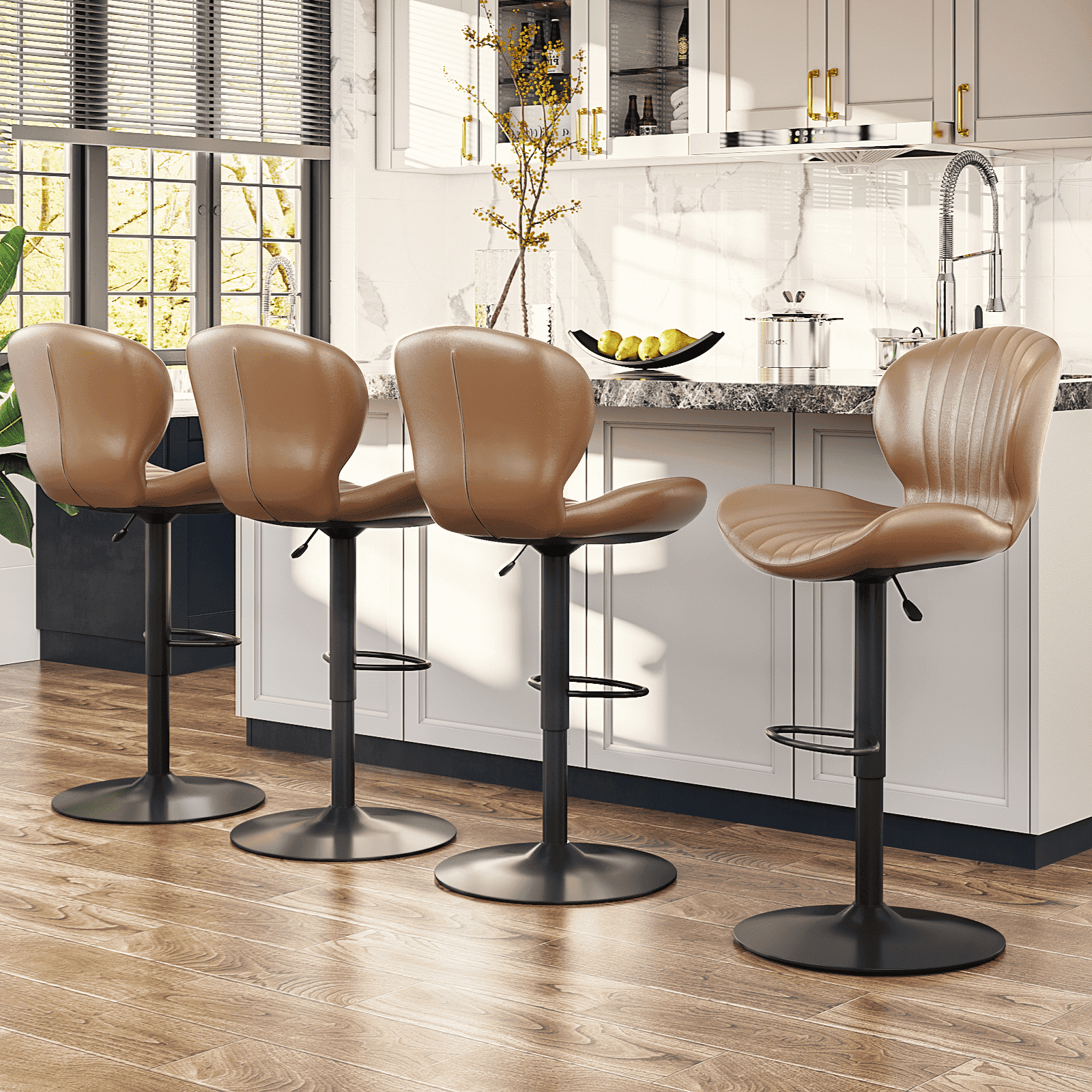 Waleaf Modern Adjustable Bar Stools Set of 4, Faux Leather Upholstered ...