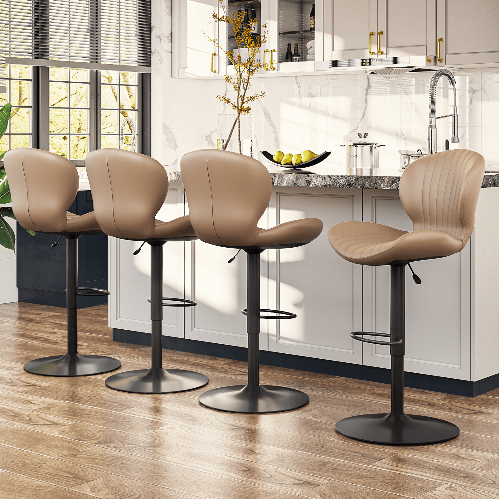 Waleaf Modern Adjustable Bar Stools Set of 4, Faux Leather Upholstered ...