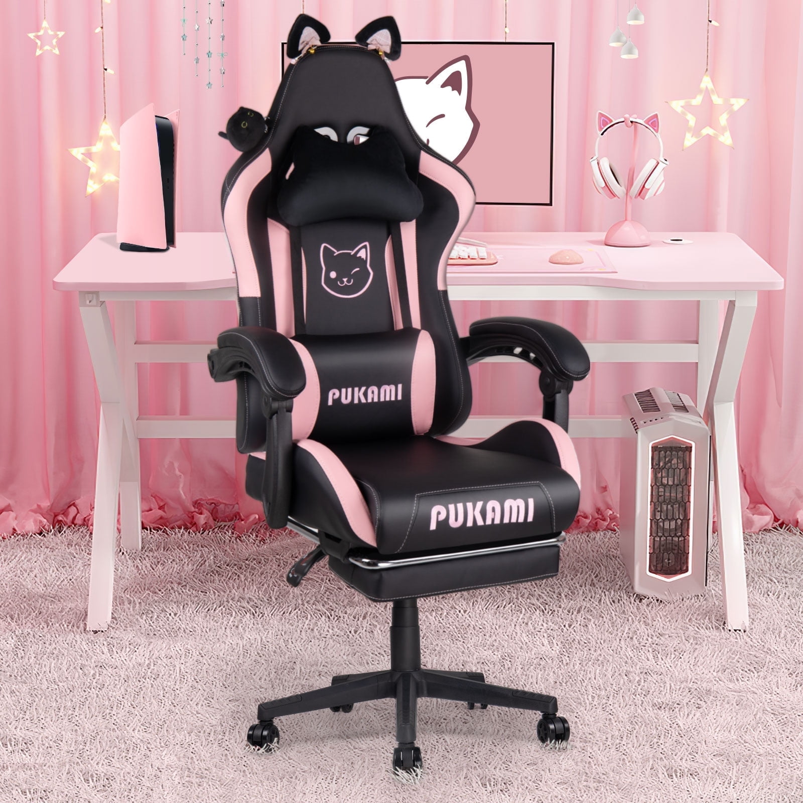Waleaf Pink Gaming Chair with Cat Paw Lumbar Cushion and Cat Ears for ...