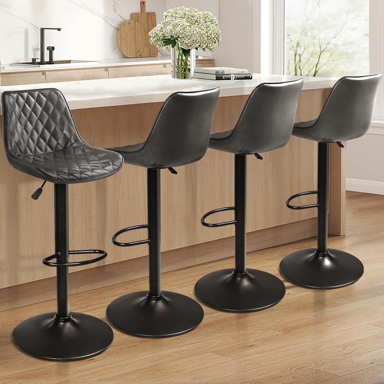 Waleaf Set of 4 Adjustable Leather Bar Stools, Upholstered Dining ...