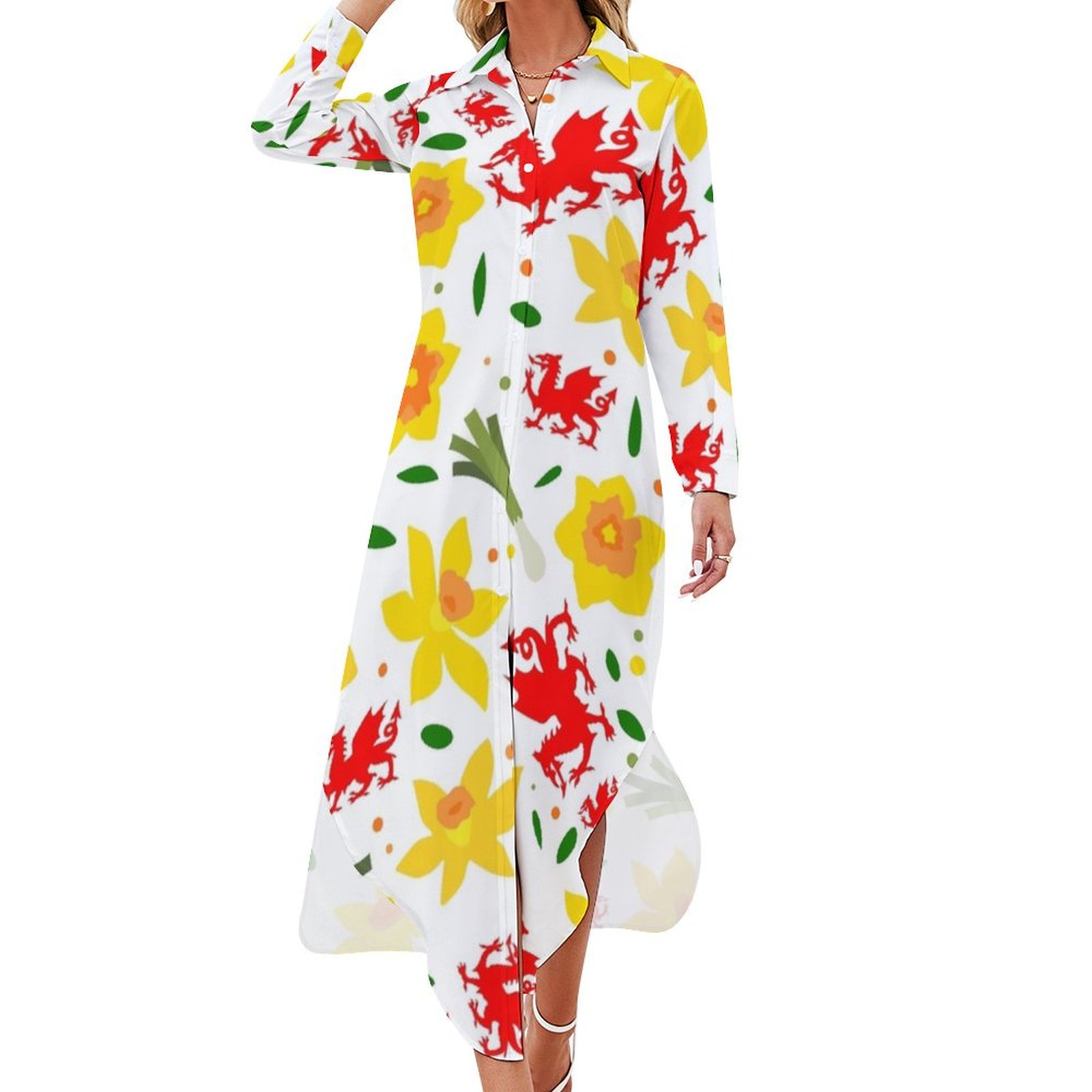 Wales Floral Pattern - Welsh Dragon Daffodils and Leek Long Sleeved ...