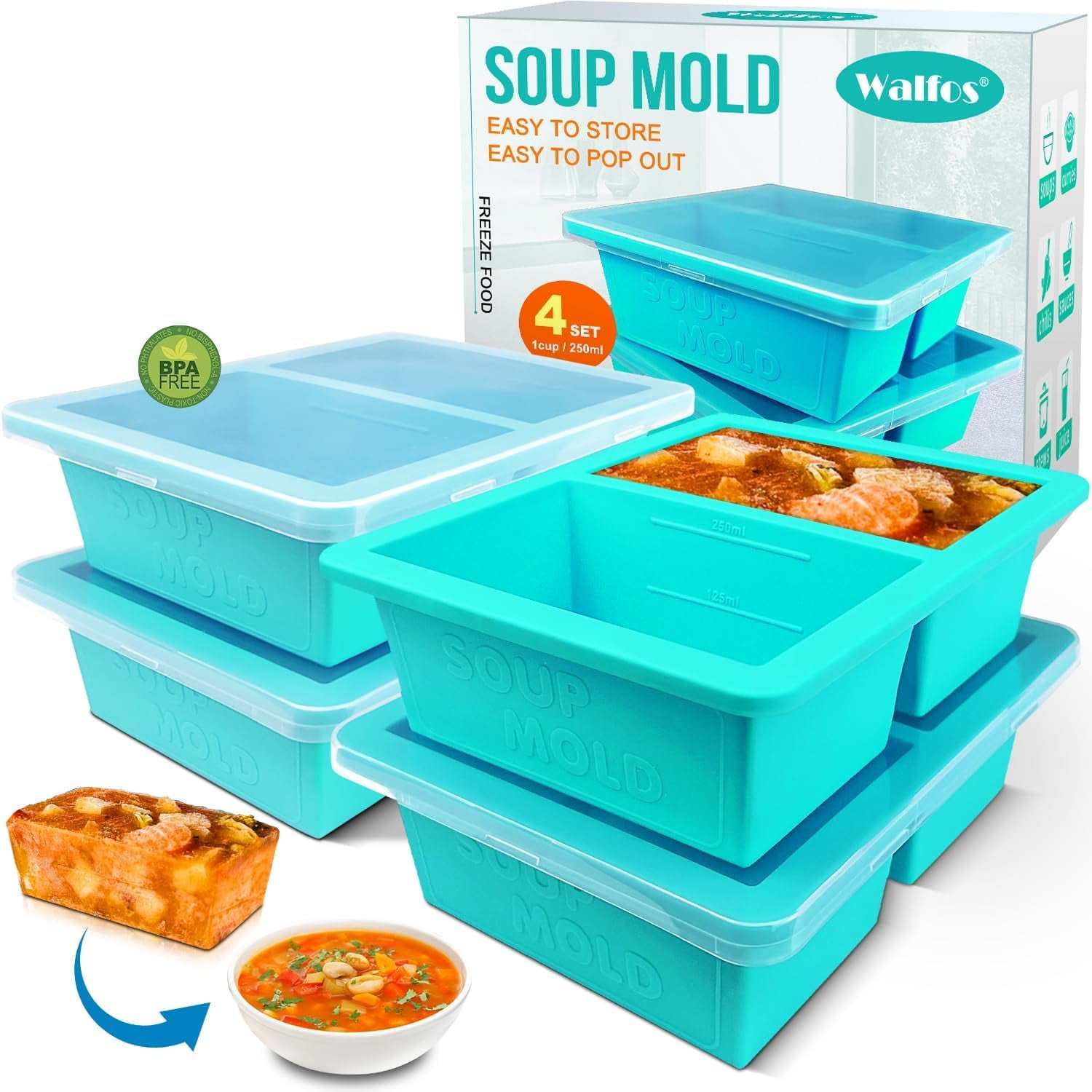 Walfos 1-Cup Silicone Freezer Molds with Lid, 4 Packs Soup Freezer Ice ...