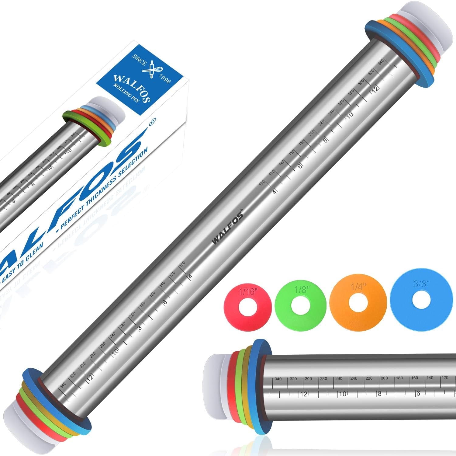 Walfos Adjustable Rolling Pin - 304 Stainless Steel Roller Pin with 4 ...