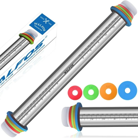 Walfos Adjustable Rolling Pin - 304 Stainless Steel Roller Pin with 4 ...