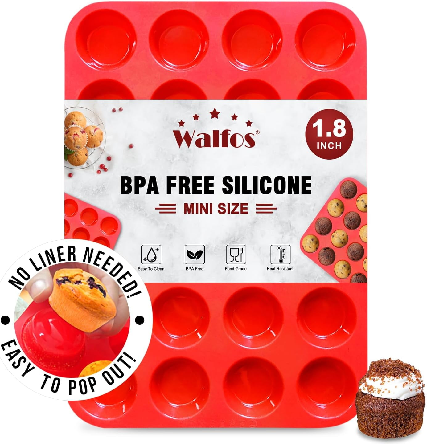 Walfos Mini Silicone Muffin Pan - 24 Cups, BPA Free and Dishwasher Safe ...