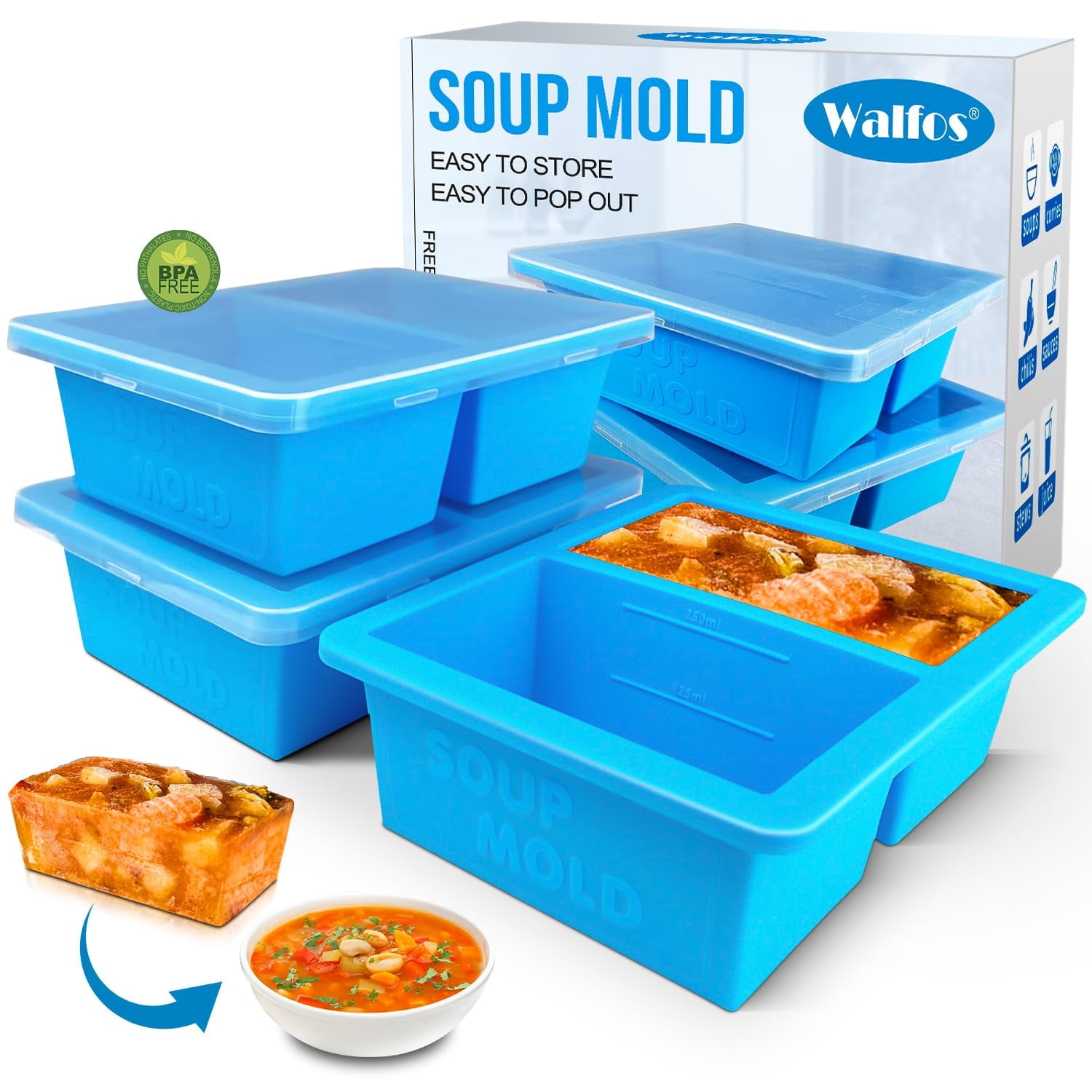 Walfos Silicone Soup Freezer Container, 1-Cup Soup Freezer Cube Tray ...