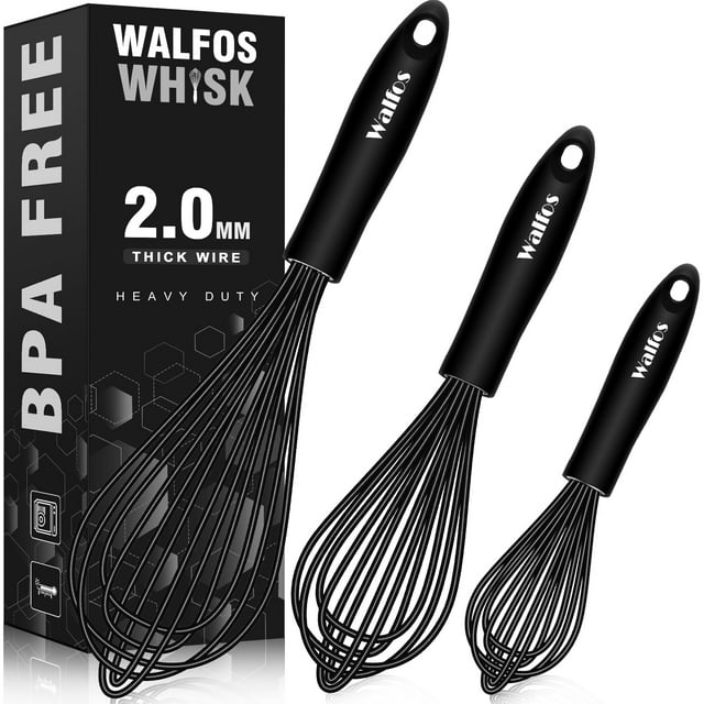 Walfos Silicone Whisk, Stainless Steel Wire Whisk Set of 3 -Heat ...