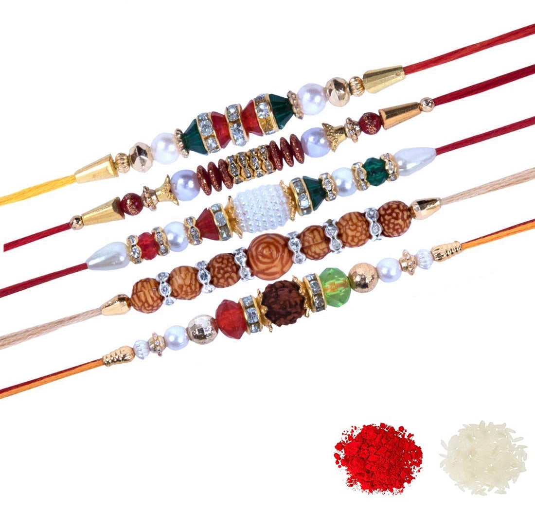 Walgrow Assorted Design Colorful Pearl Dora Rakhi with Roli and Chawal ...