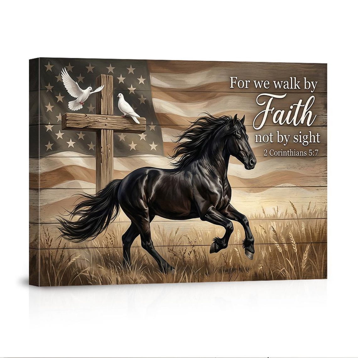 Walk By Faith Not By Sight Black Horse Christian American Flag Cross ...