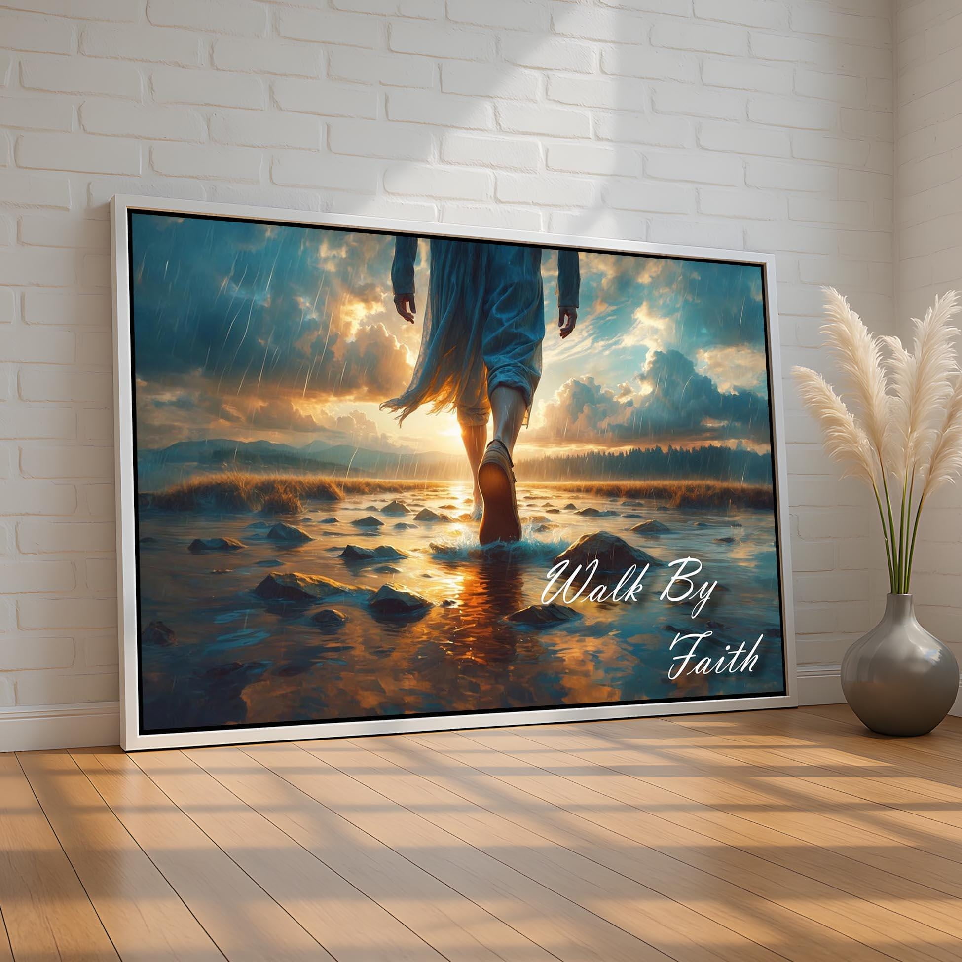 Walk By Faith Wall Art | Christian With Rain & Sunset Walking On Water ...
