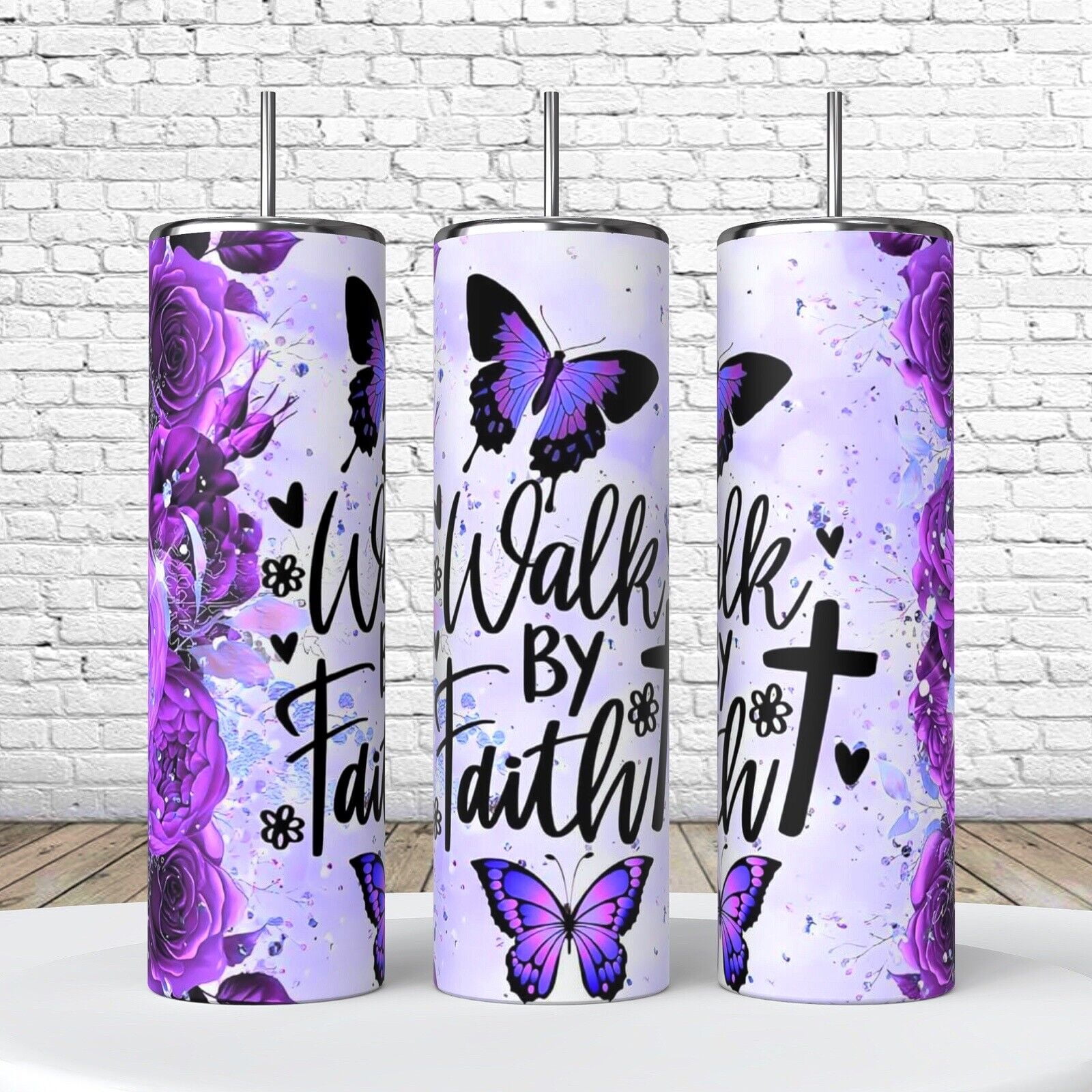 Walk by Faith Purple Butterfly 20 Oz Tumbler coffee Cup - Walmart.com