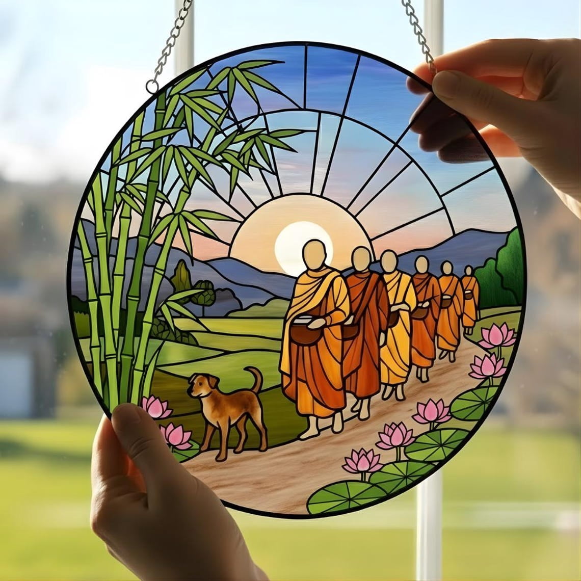 Walk for Peace Glass Suncatcher v3, Peaceful Buddhist Monks Art ...