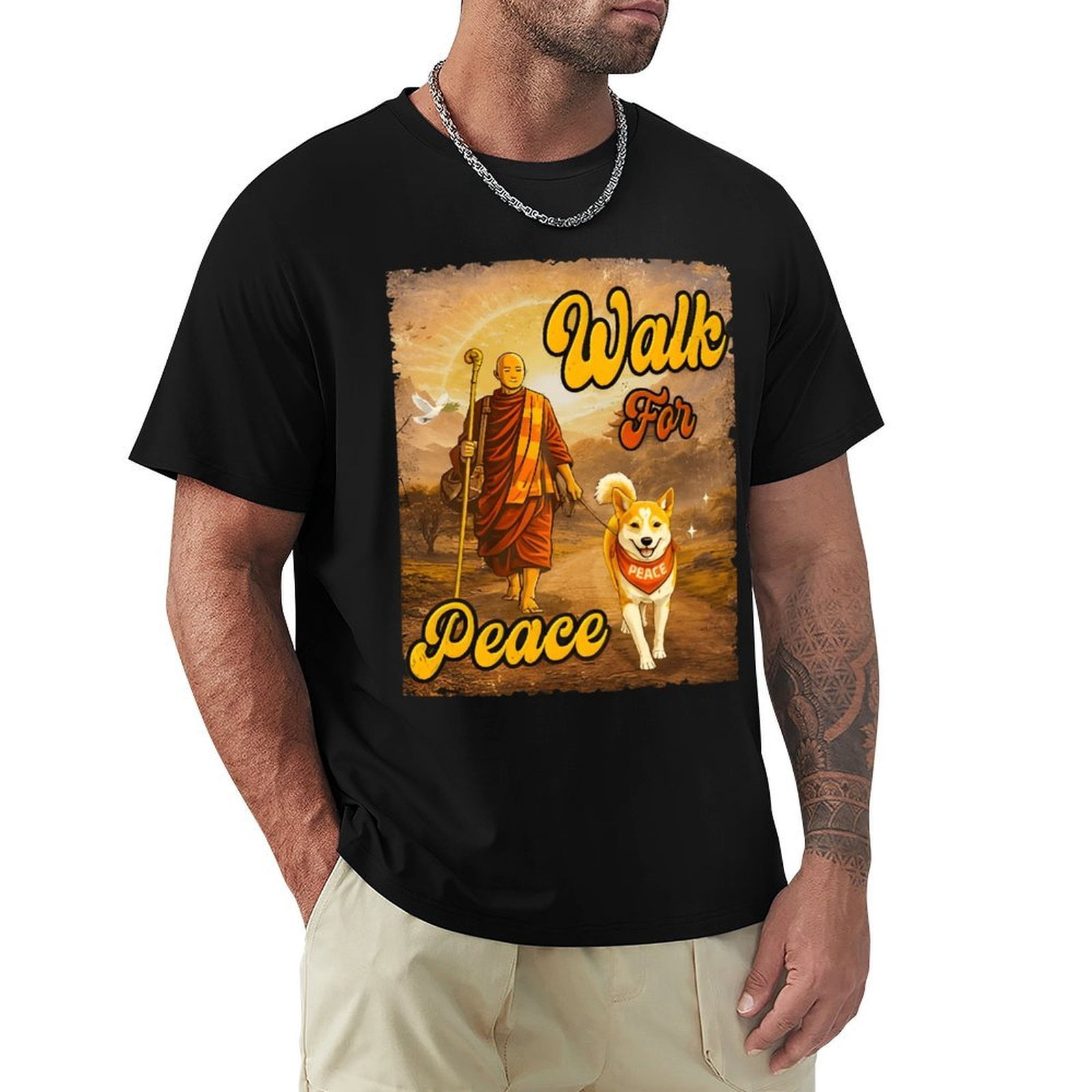 Walk for Peace Men's Cotton HD Print Short Sleeve T-Shirt Crew Neck Top ...