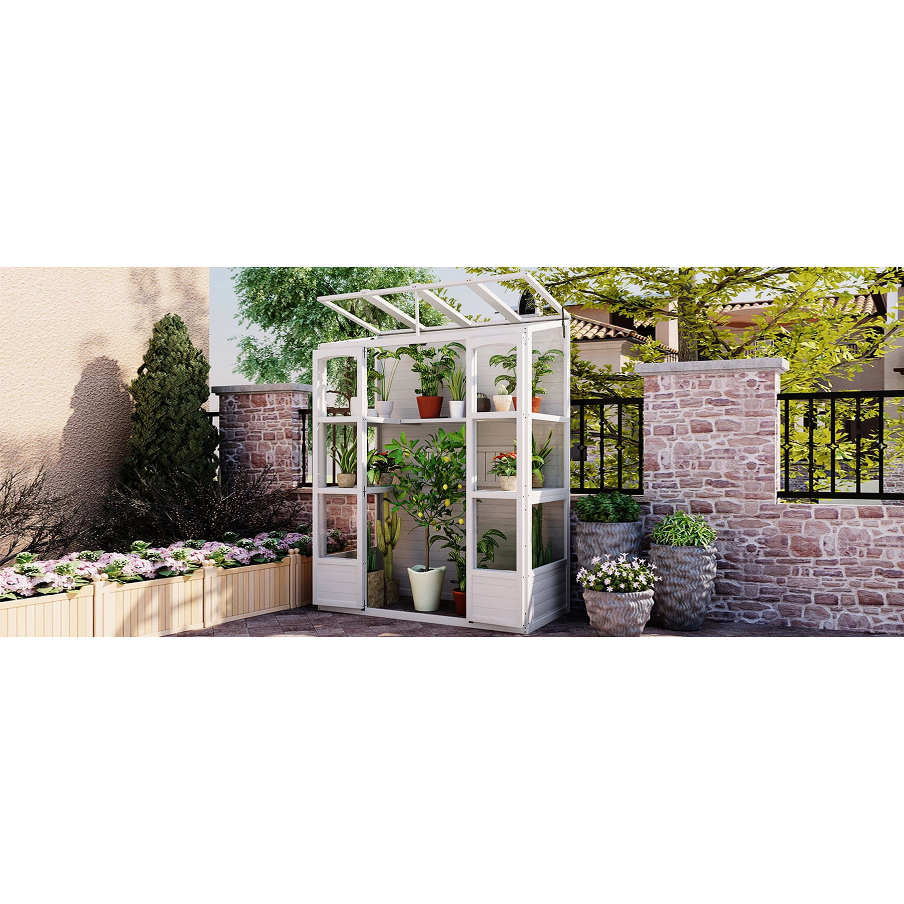 Walk-in 78-inch Greenhouse, 4 Skylights, 2 Folding Shelves, Wooden For ...