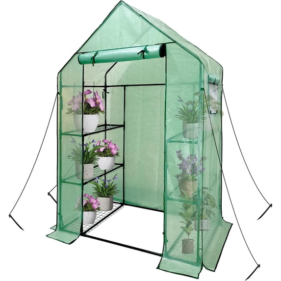 Walk in Greenhouse with Shelves,Walk-in House with Durable PE Cover, 3 ...